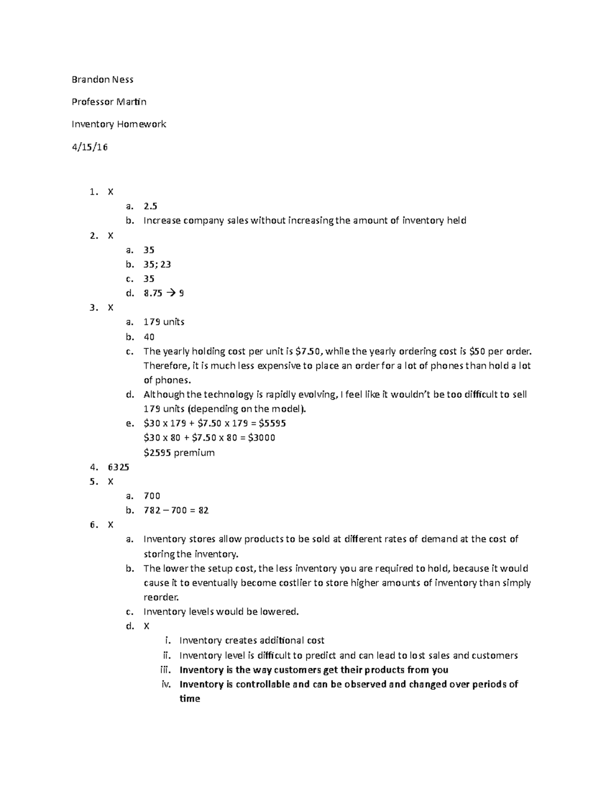 Chapter 17 HW Brandon Ness - Brandon Ness Professor Martin Inventory ...