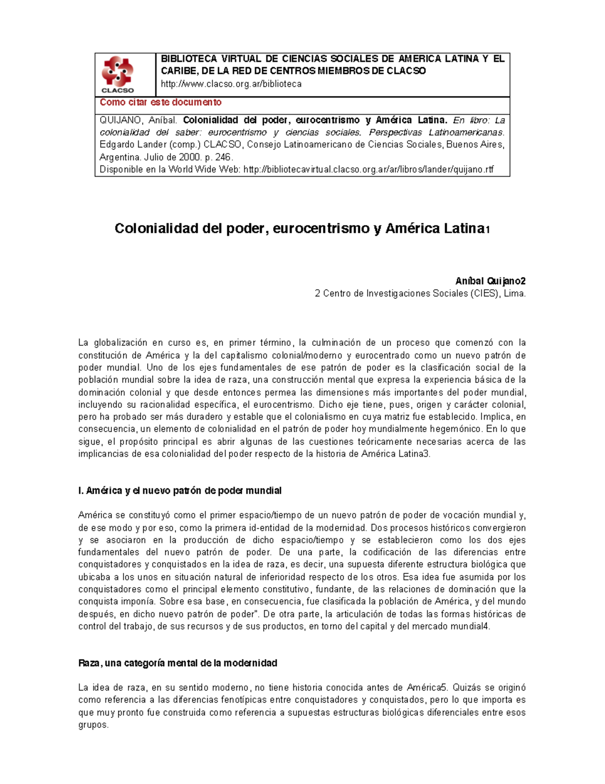 Quijano, A. (2000 ) Colonialidad del poder, eurocentrismo y América ...