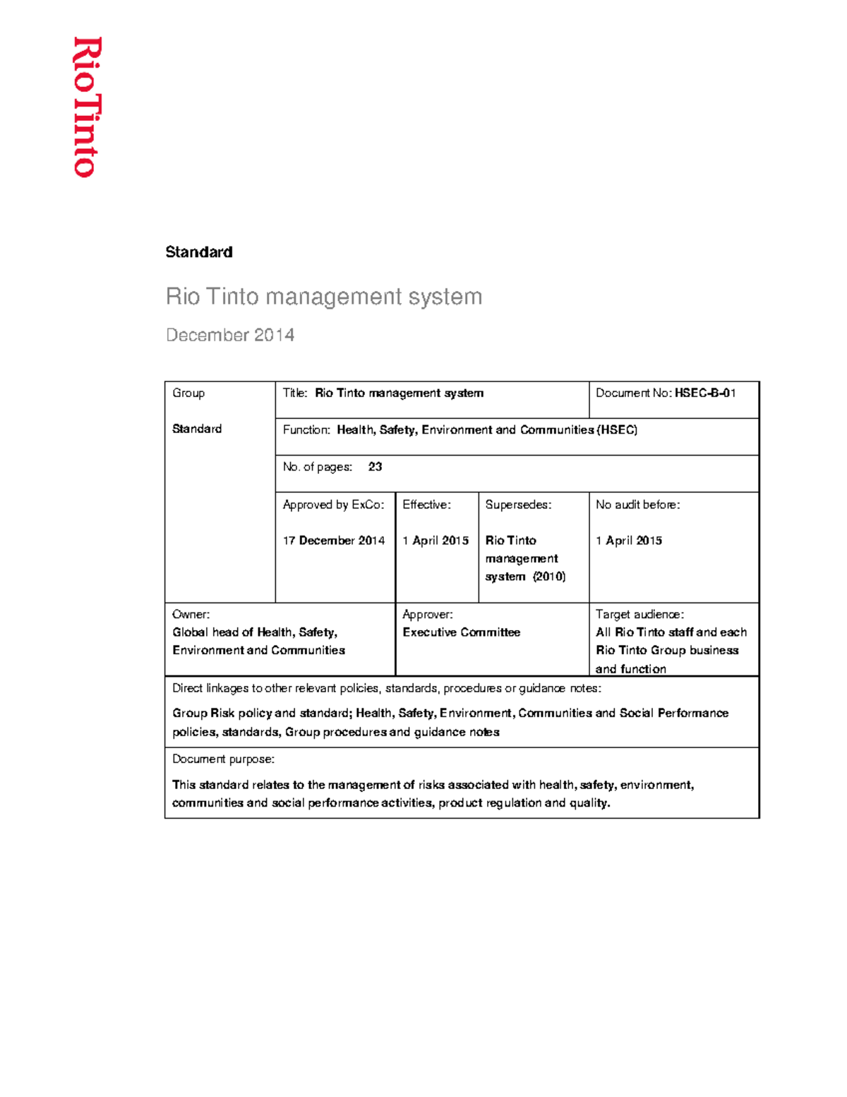RT Management system standard 1 - Standard Rio Tinto management system ...