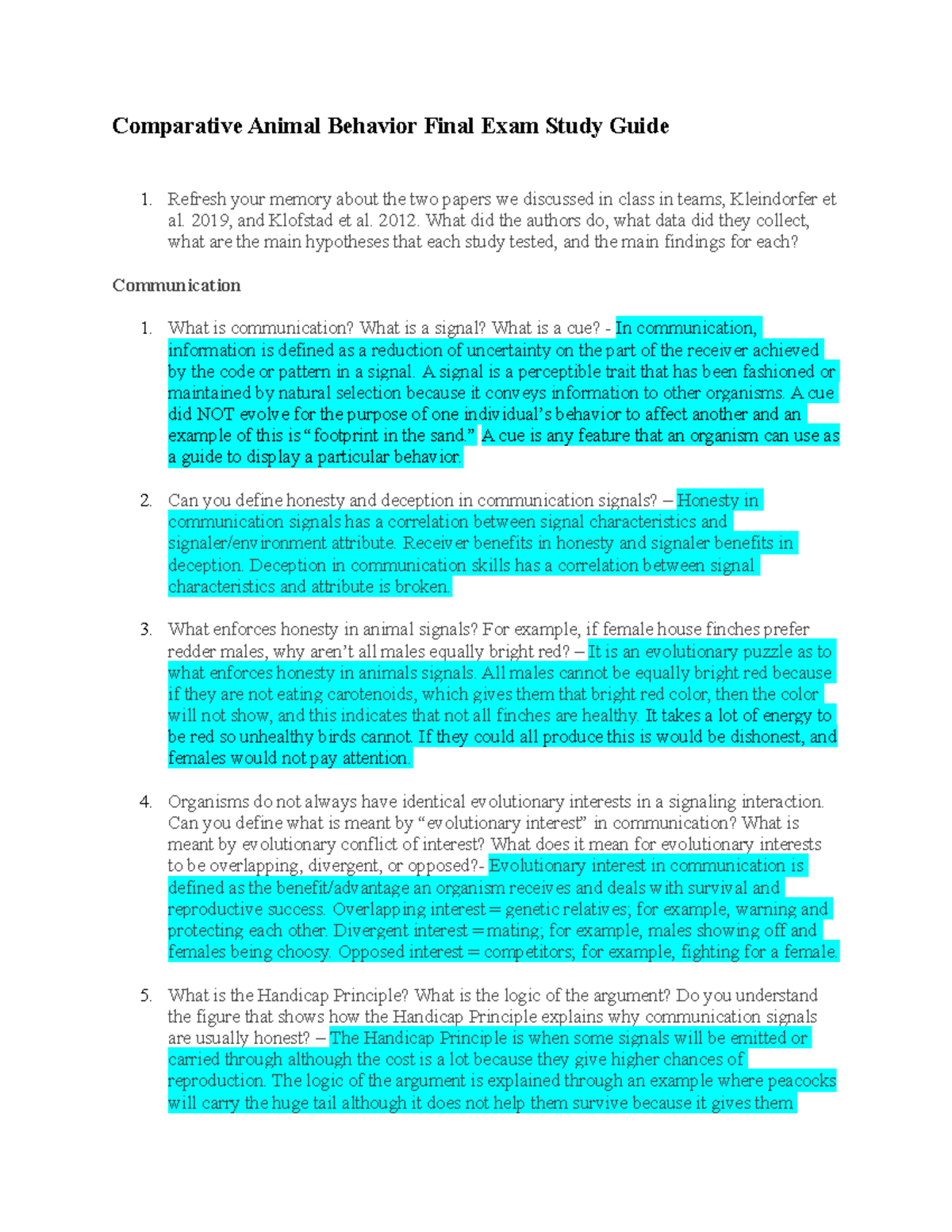 Comparative Animal Behavior Final Exam Study Guide - 2019, and Klofstad et al. 2012. What did ...
