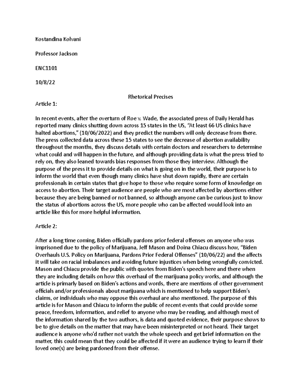 Rhetorical Precises - Two Precis' summaries - Kostandina Kolvani ...