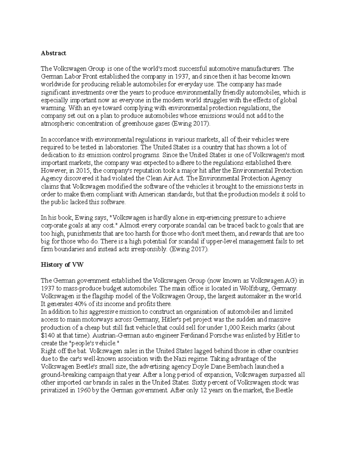 Manipal university - case study of VW - Abstract The Volkswagen Group ...