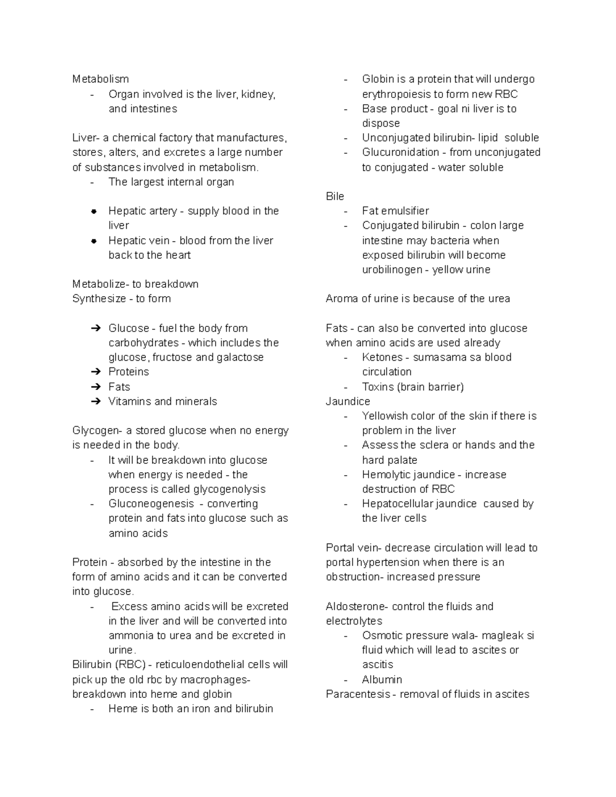 Metabolism reviewer notes - Metabolism - Organ involved is the liver ...