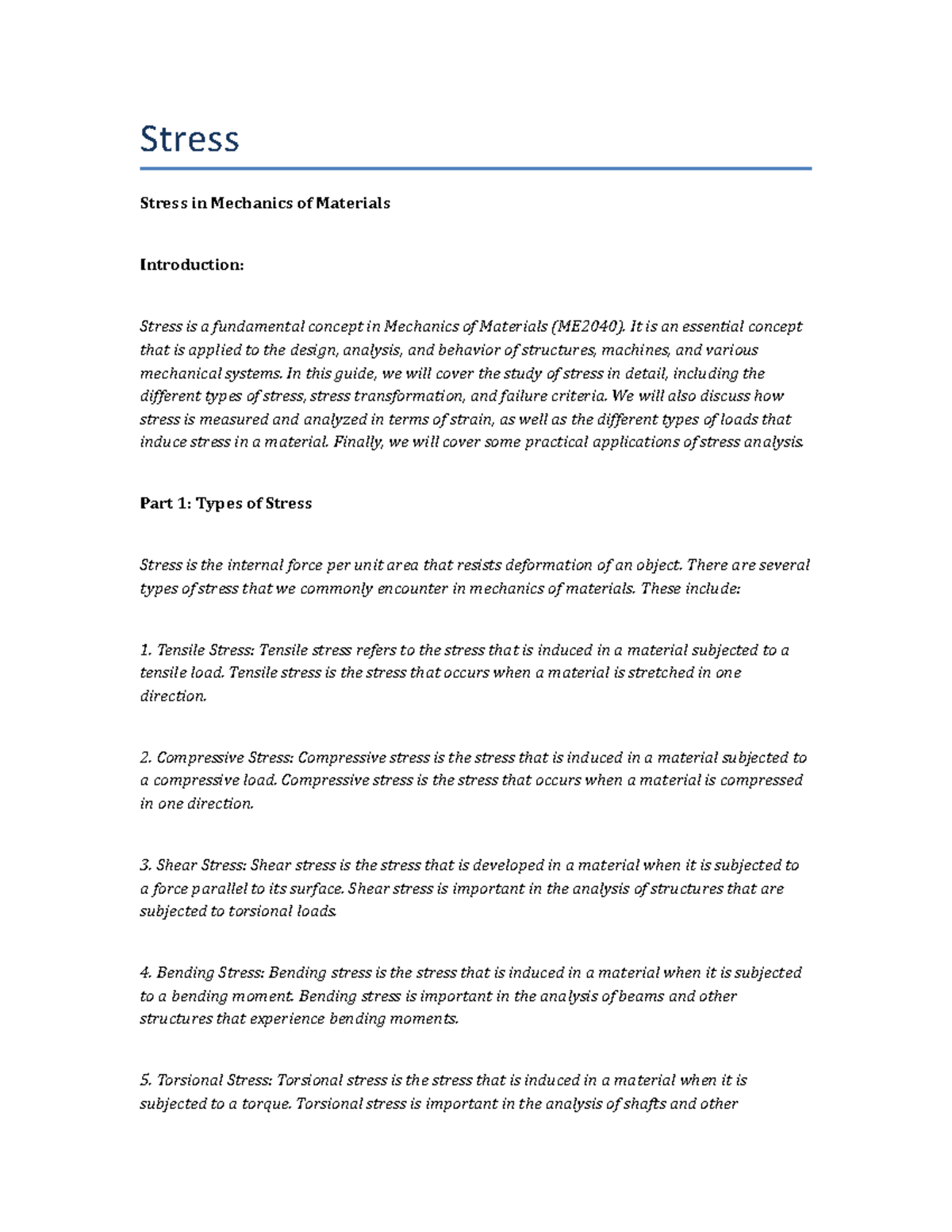 Stress - Mechanics of Materials (ME2040) Lecture notes - Stress Stress ...