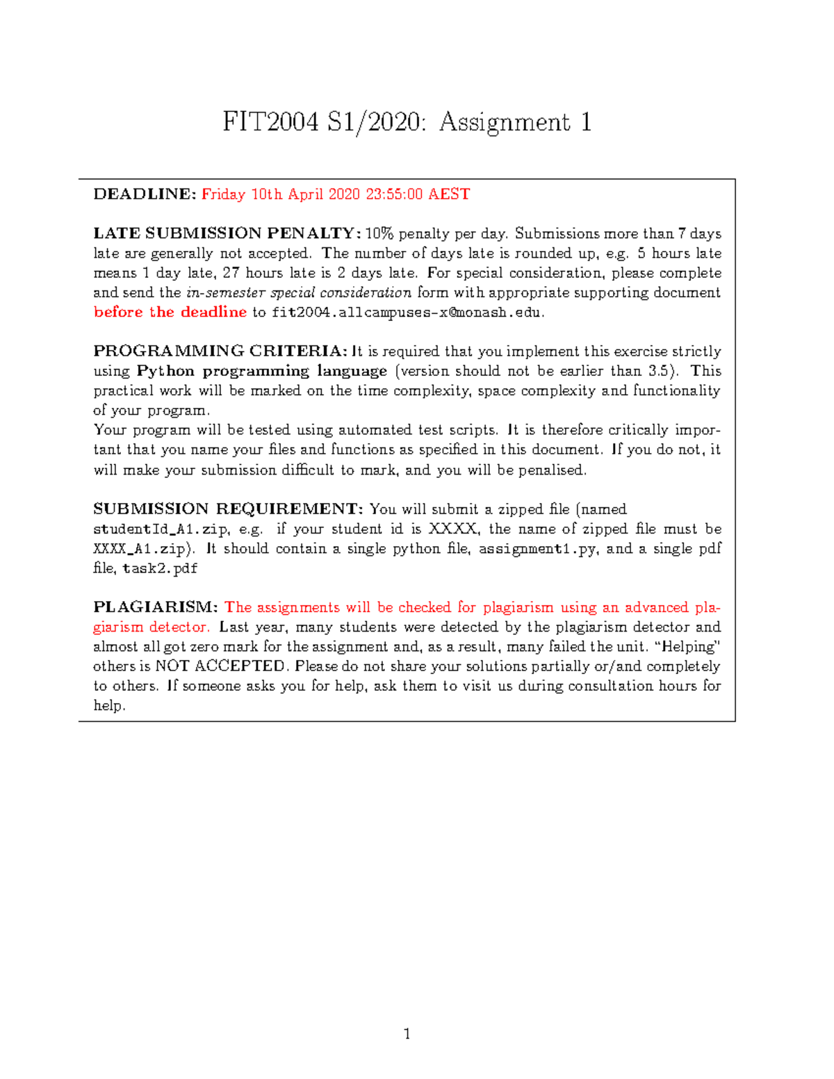Assignment 01 question - FIT2004 S1/2020: Assignment 1 Nathan Companez DEADLINE:Friday 10th ...