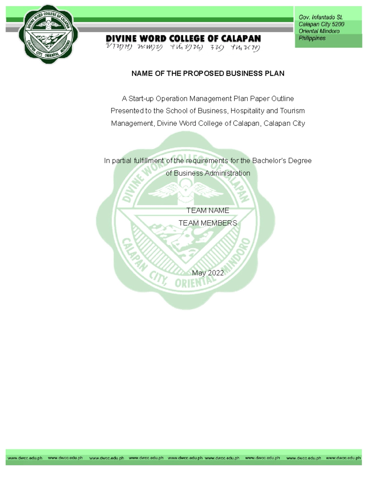Business Plan Paper Output Template - BS Business Administration - DWCC ...
