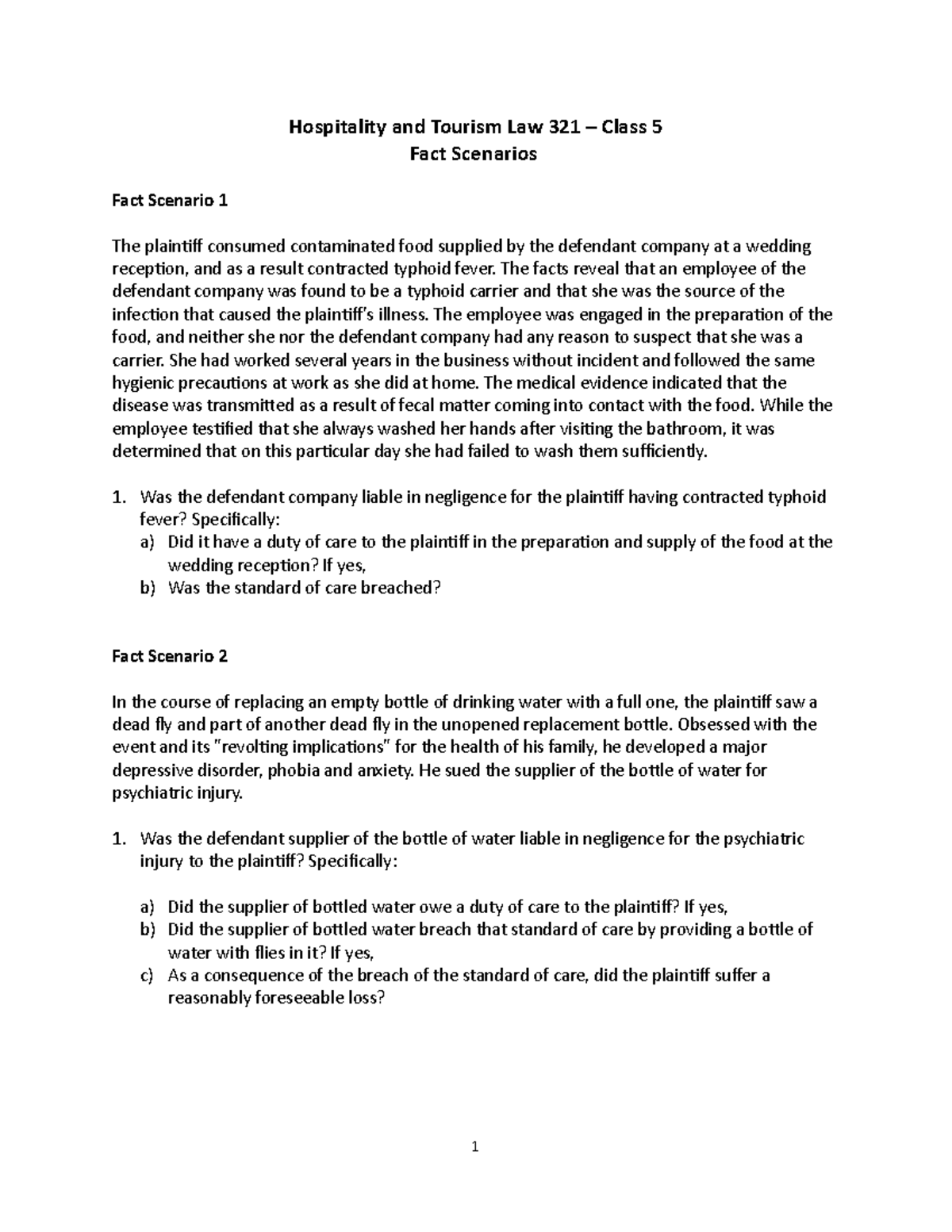 Hospitality law 321 Fact Scenarios (Class 5) fall 2021 - Hospitality ...