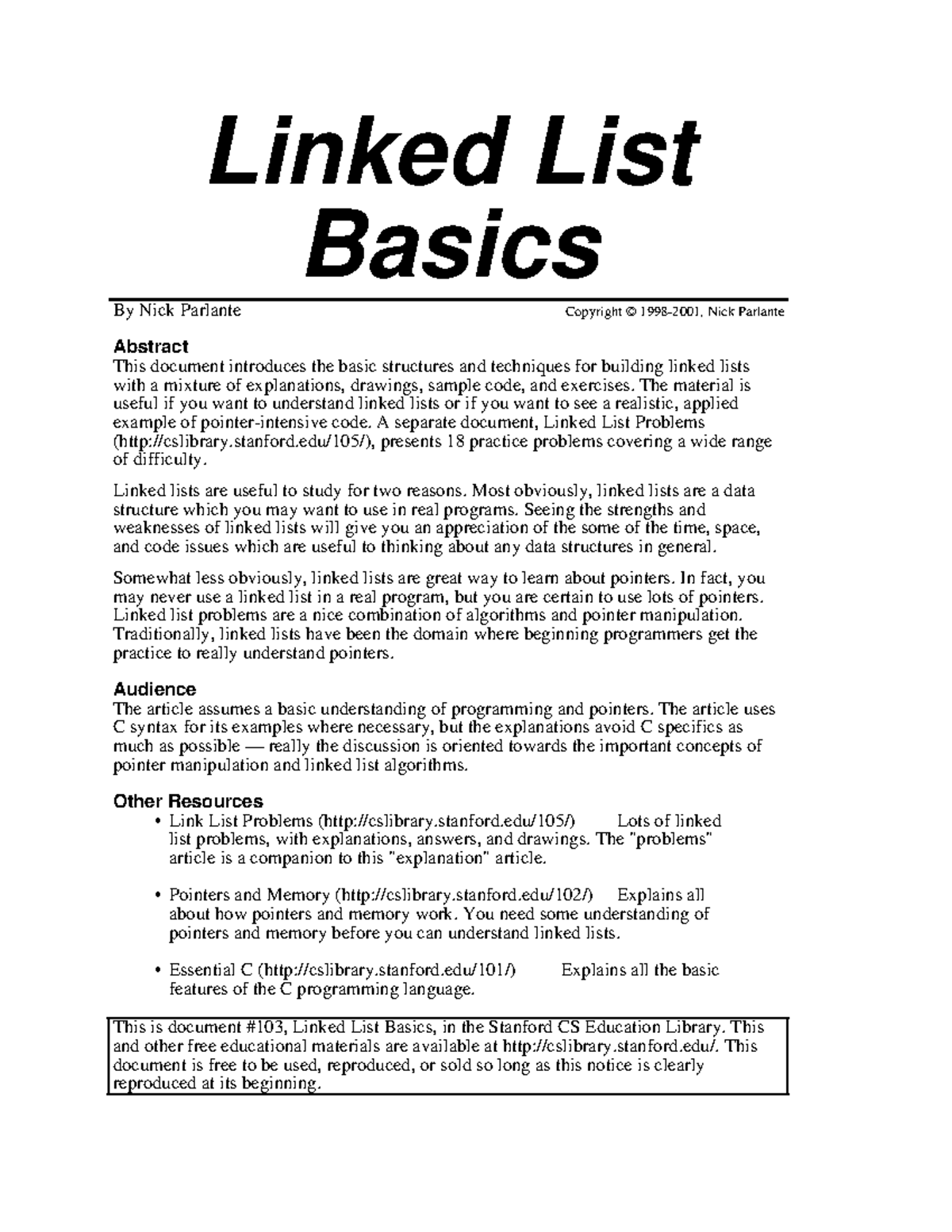 Linked List operations - Linked List Basics By Nick Parlante Copyright ...