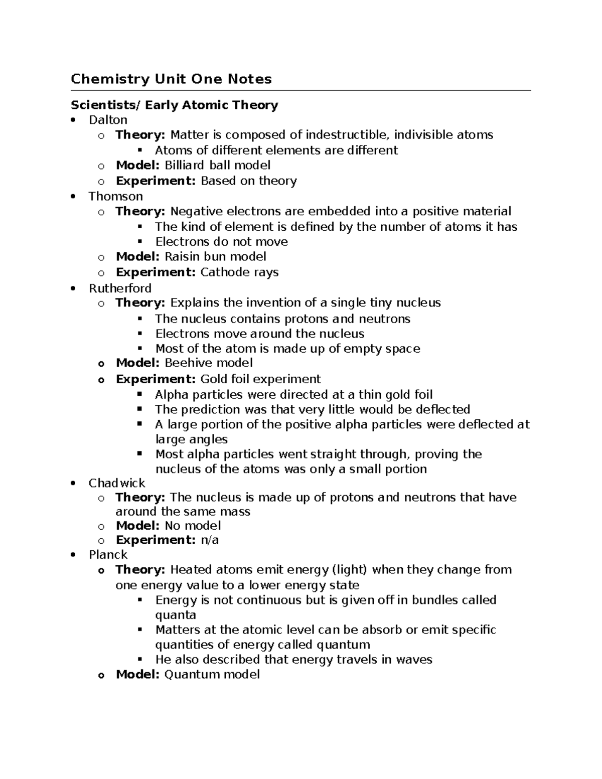 Chemistry Unit One Notes - Chemistry Unit One Notes Scientists/ Early ...