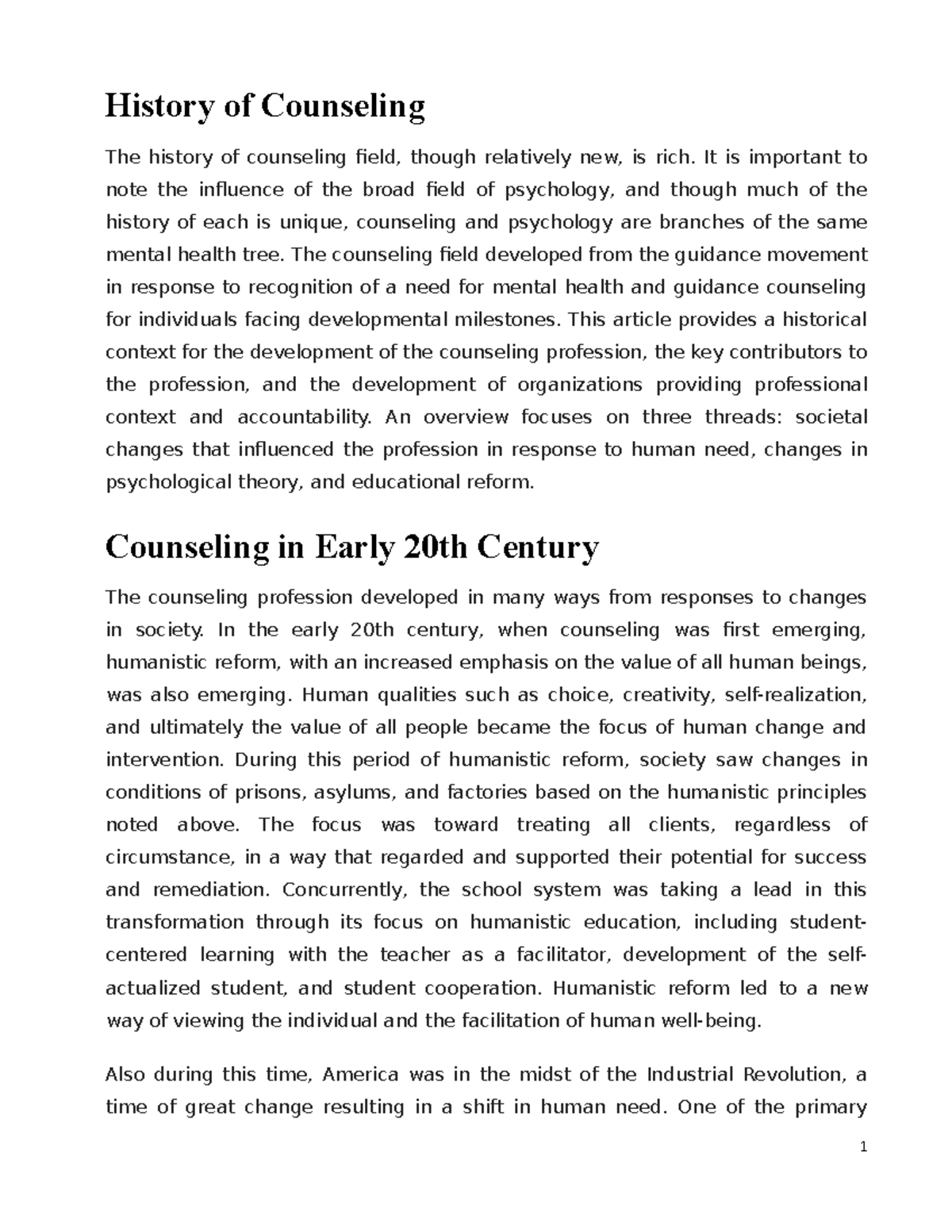 History of Counseling - It is important to note the influence of the ...