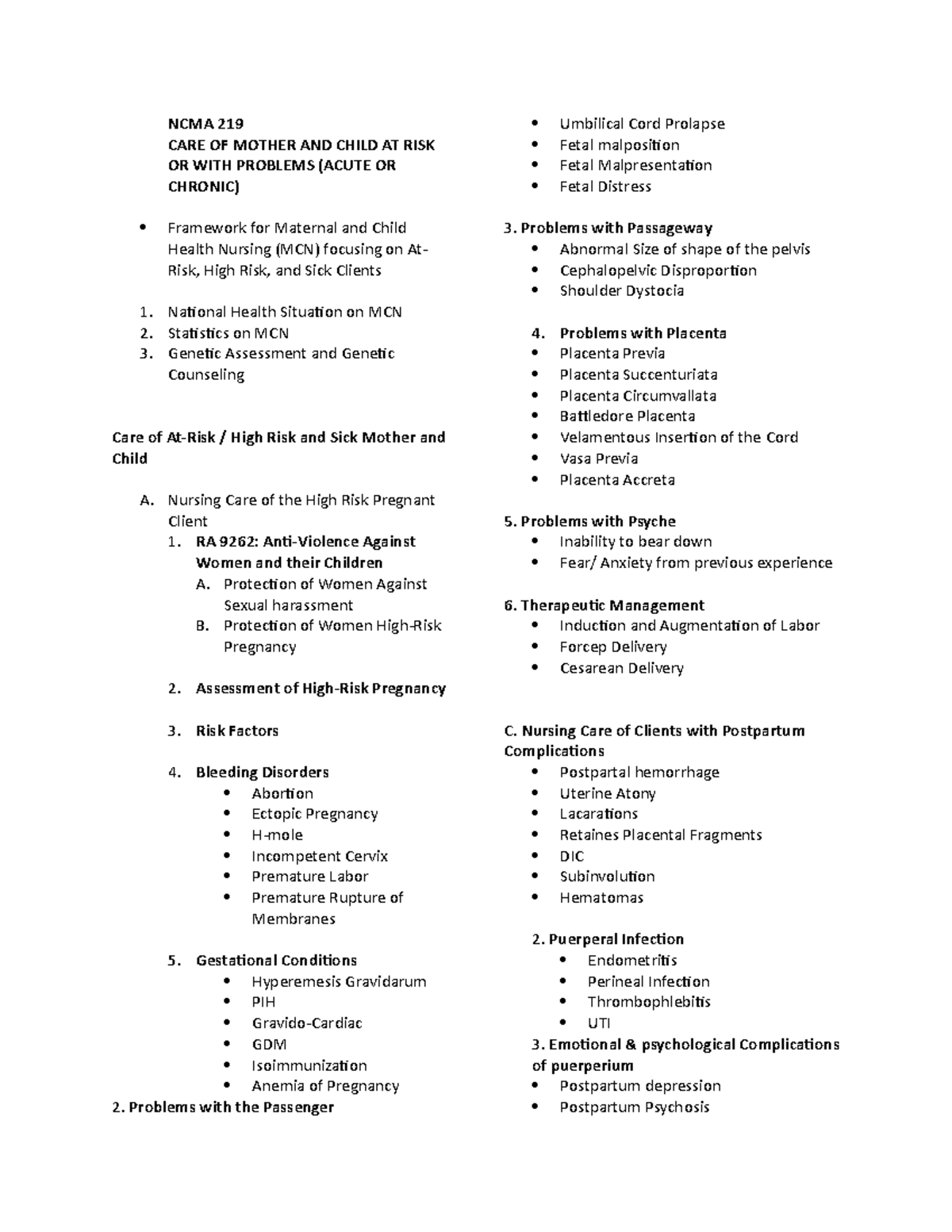 NCMA-219-Wk - NCMA219 - NCMA 219 CARE OF MOTHER AND CHILD AT RISK OR ...