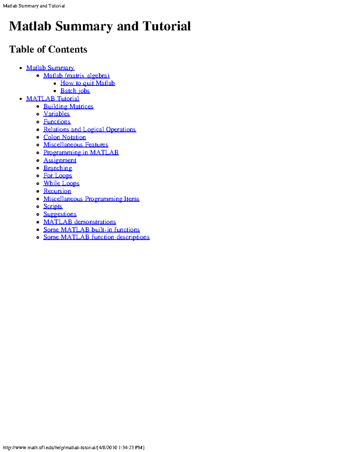 Matlab Tutorial 1 Lecture Notes All The Lecture Matlab Summary And