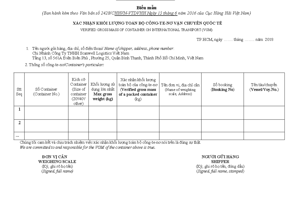 Bieu mau-VGM - Biểu mẫu VGM cho môn giao nhận hàng hóa. - Biểu mẫu (Ban ...