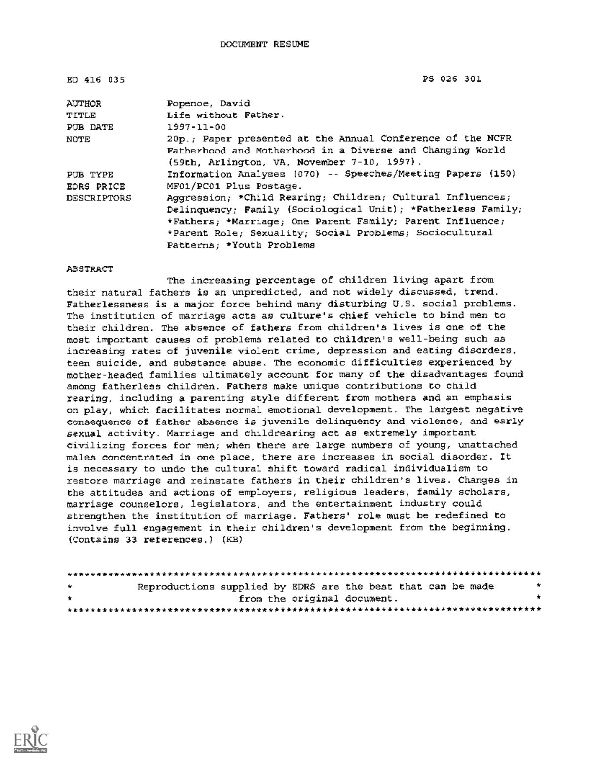 ED416035 - 3rd - DOCUMENT RESUME ED 416 035 PS 026 301 AUTHOR Popenoe ...