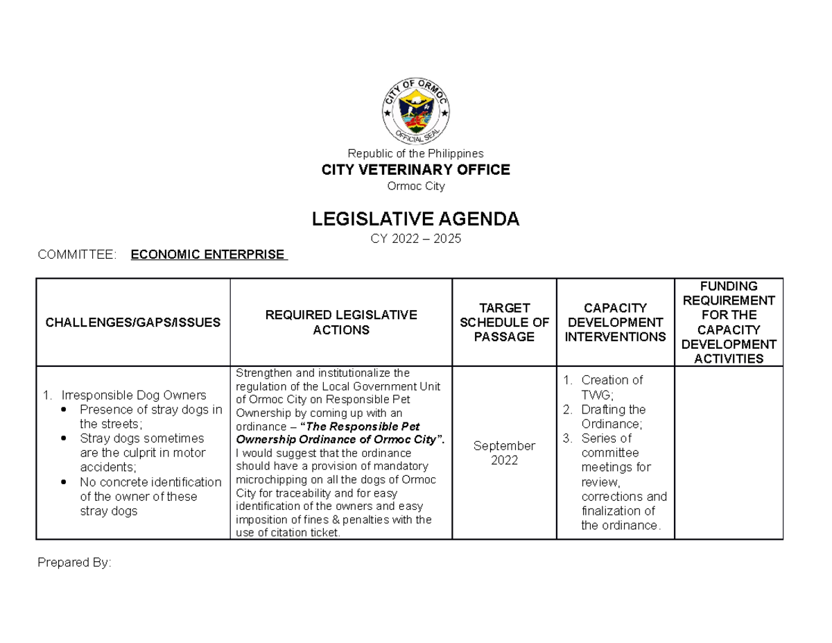 Legislative Agenda for CVO (Committee on Economic Enterprise ...