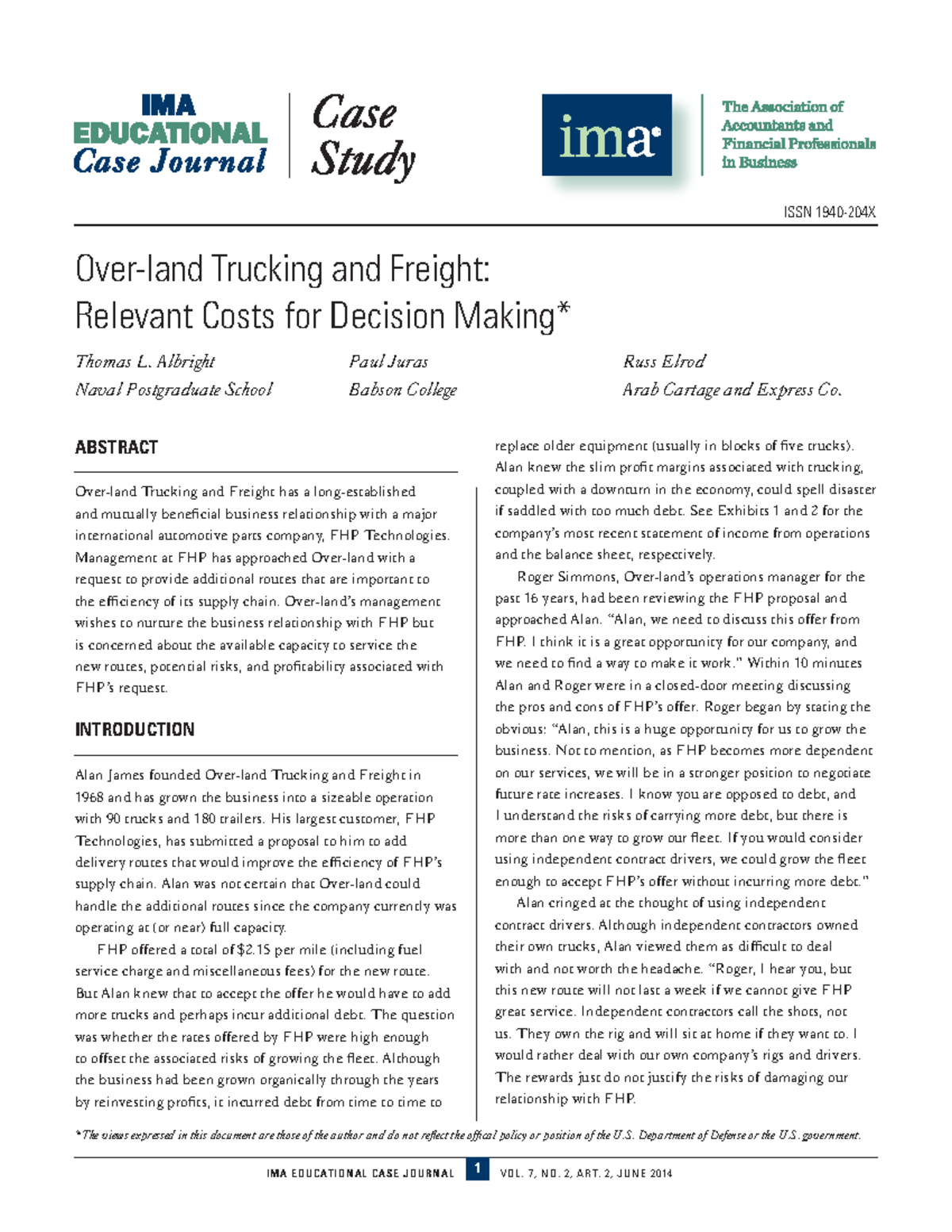 Over-Land Trucking and Freight Case Study - ABSTRACT Over-land Trucking ...