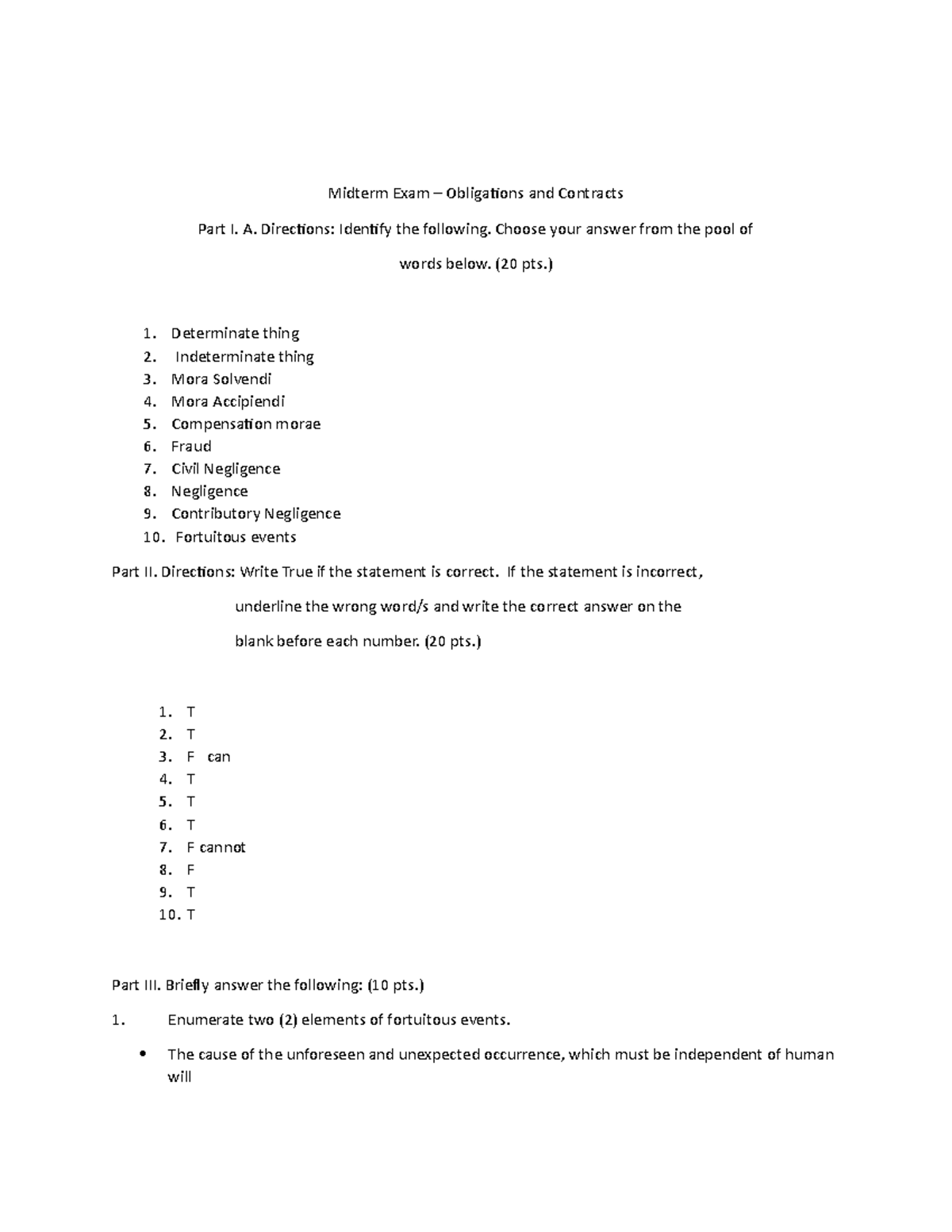 Midterm-Exam Oblicon - Midterm Exam – Obligations and Contracts Part I. A. Directions: Identify ...