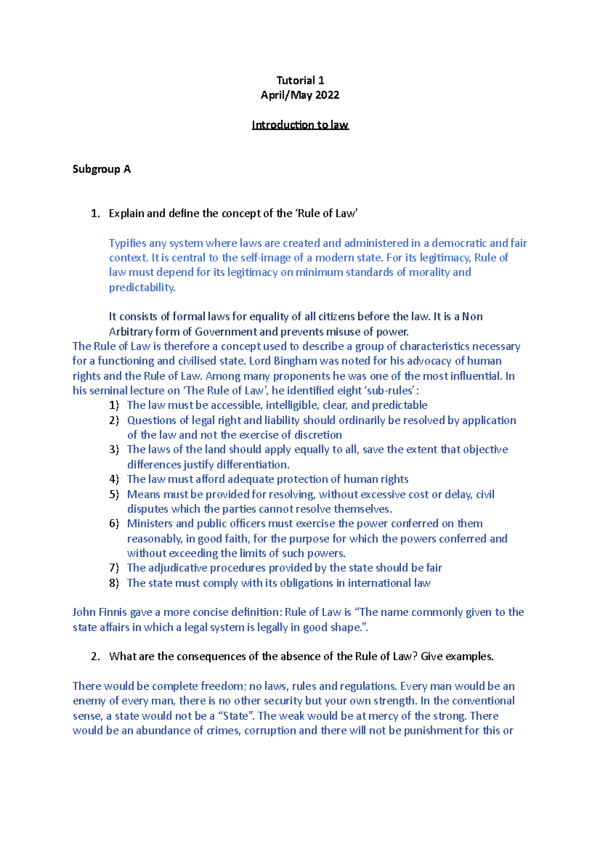 Tutorial 1 with answers - Tutorial 1 April/May 2022 Introduction to law ...