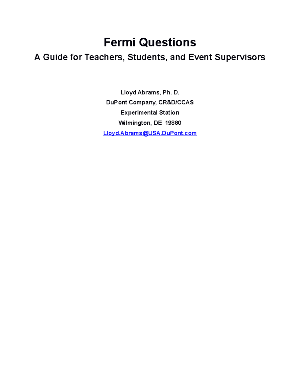 Fermi Questions Handout - Fermi Questions A Guide for Teachers ...