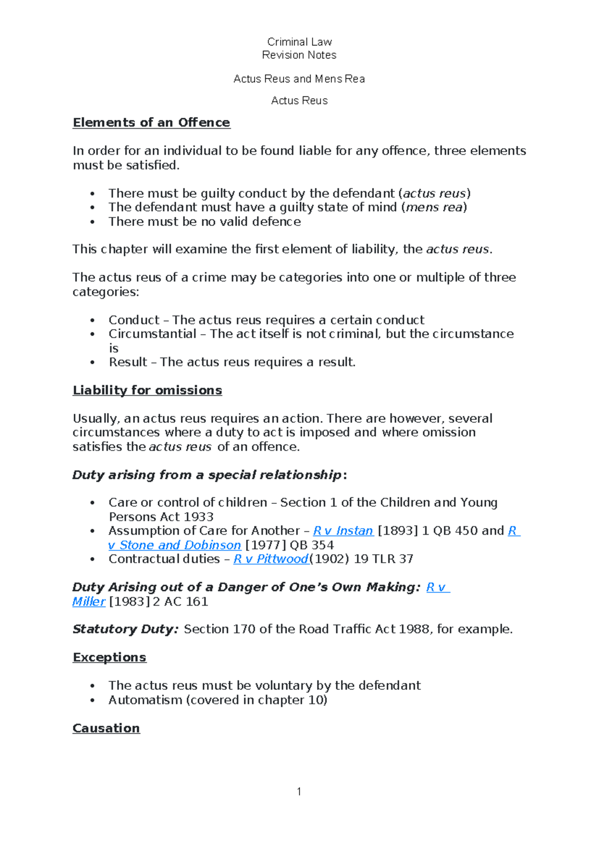 Criminal Law - Revision Notes - Revision Notes Actus Reus and Mens Rea ...