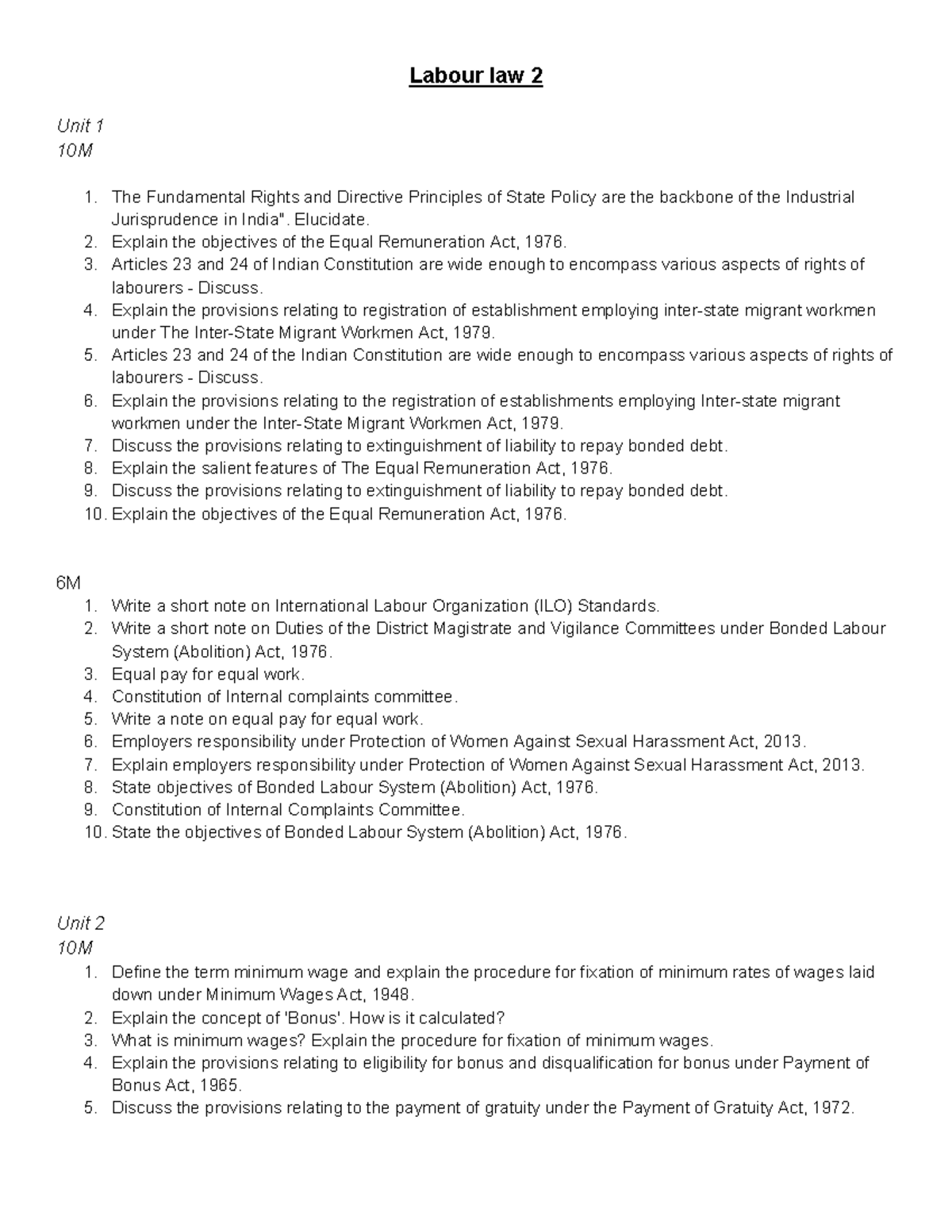 Labour law 2 Faq - Labour law 2 Unit 1 10M The Fundamental Rights and ...