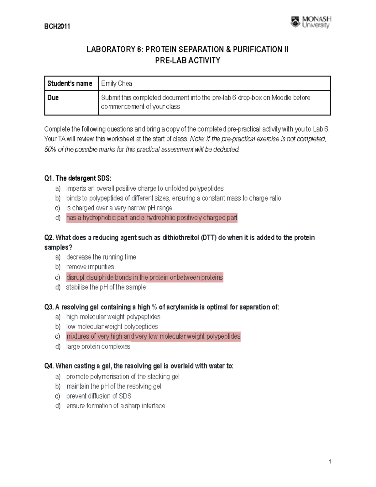 BCH2011 Lab 6 pre-lab activity - BCH LABORATORY 6: PROTEIN SEPARATION ...