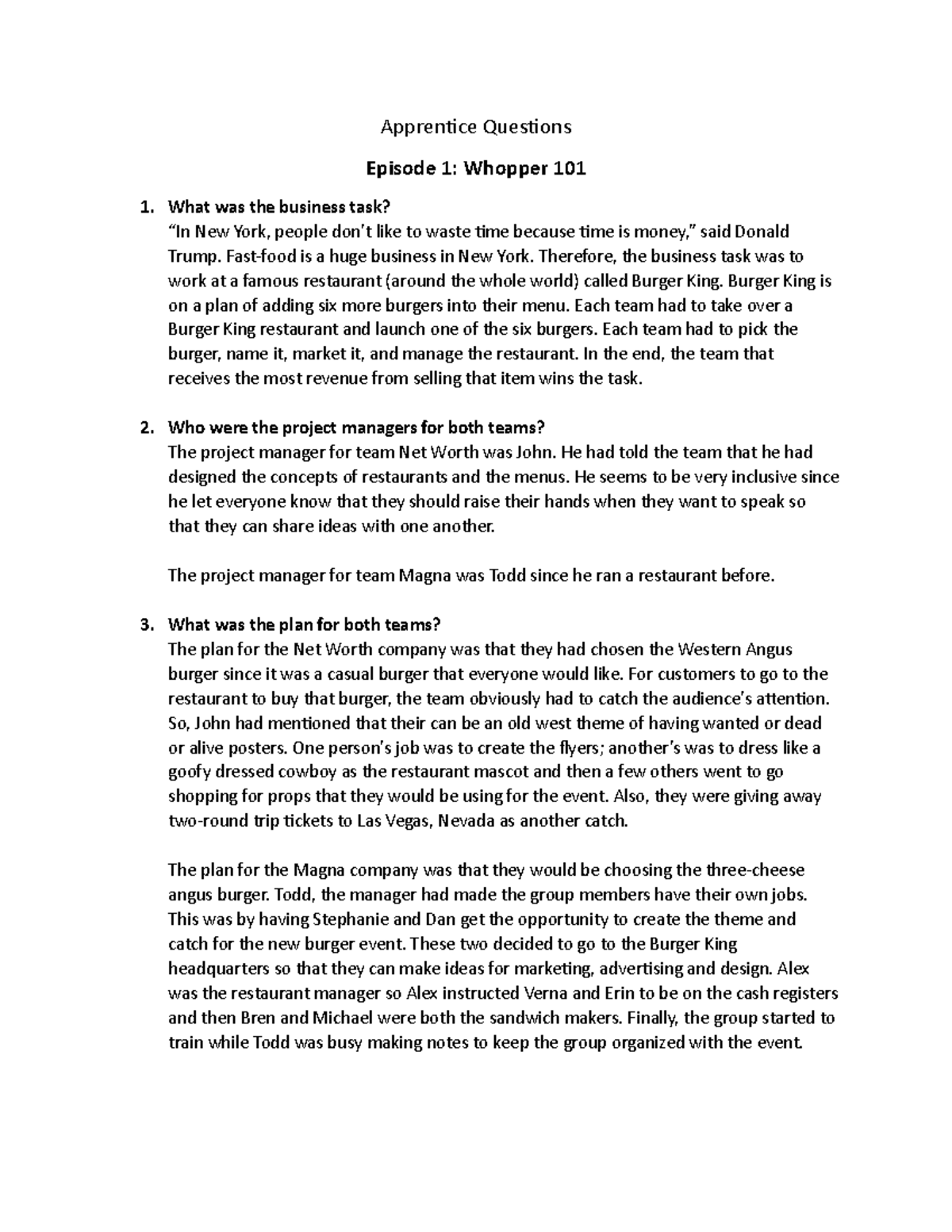 Apprentice Questions - study guide - Apprentice Questions Episode 1 ...