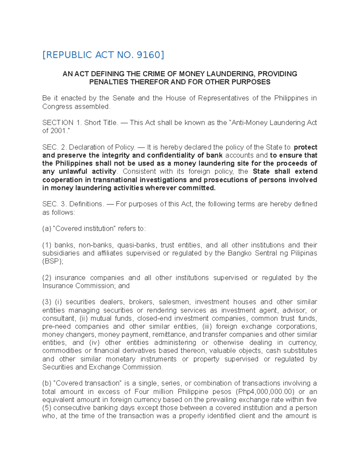 Ra 9160 - Anti-Money Laundering Act of 2001 (AMLA) - [REPUBLIC ACT NO ...