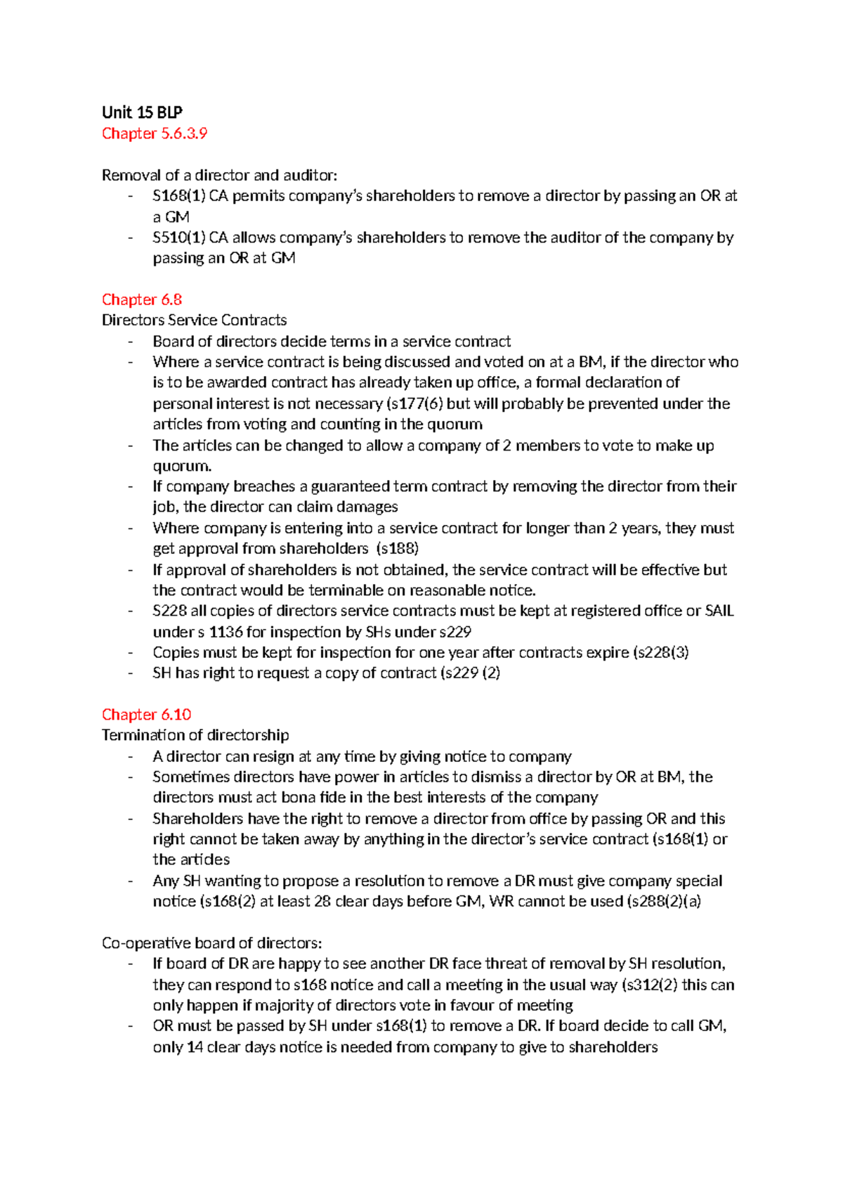 Unit 15 BLP notes - Unit 15 BLP Chapter 5.6. Removal of a director and ...
