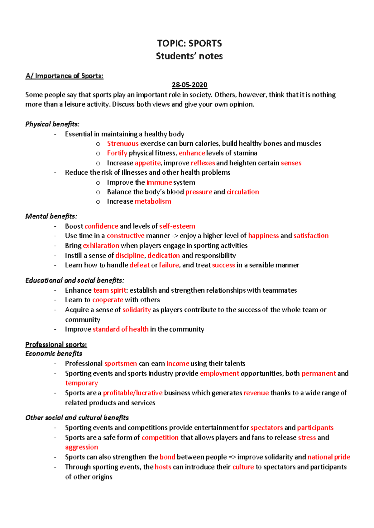 14-Sports - all is the same - TOPIC: SPORTS Students’ notes A ...