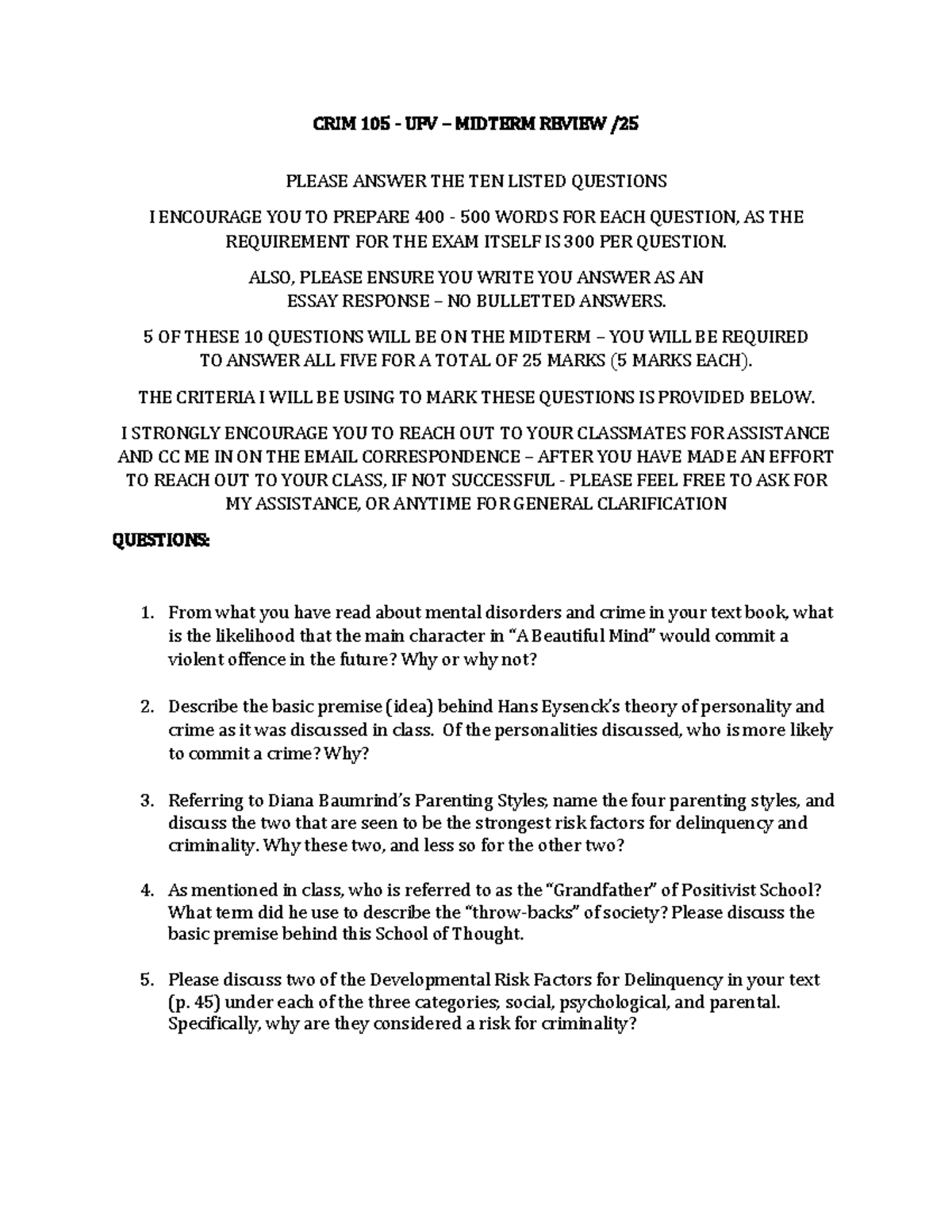 Midterm Week Review - CRIM 105 - UFV – MIDTERM REVIEW / PLEASE ANSWER ...