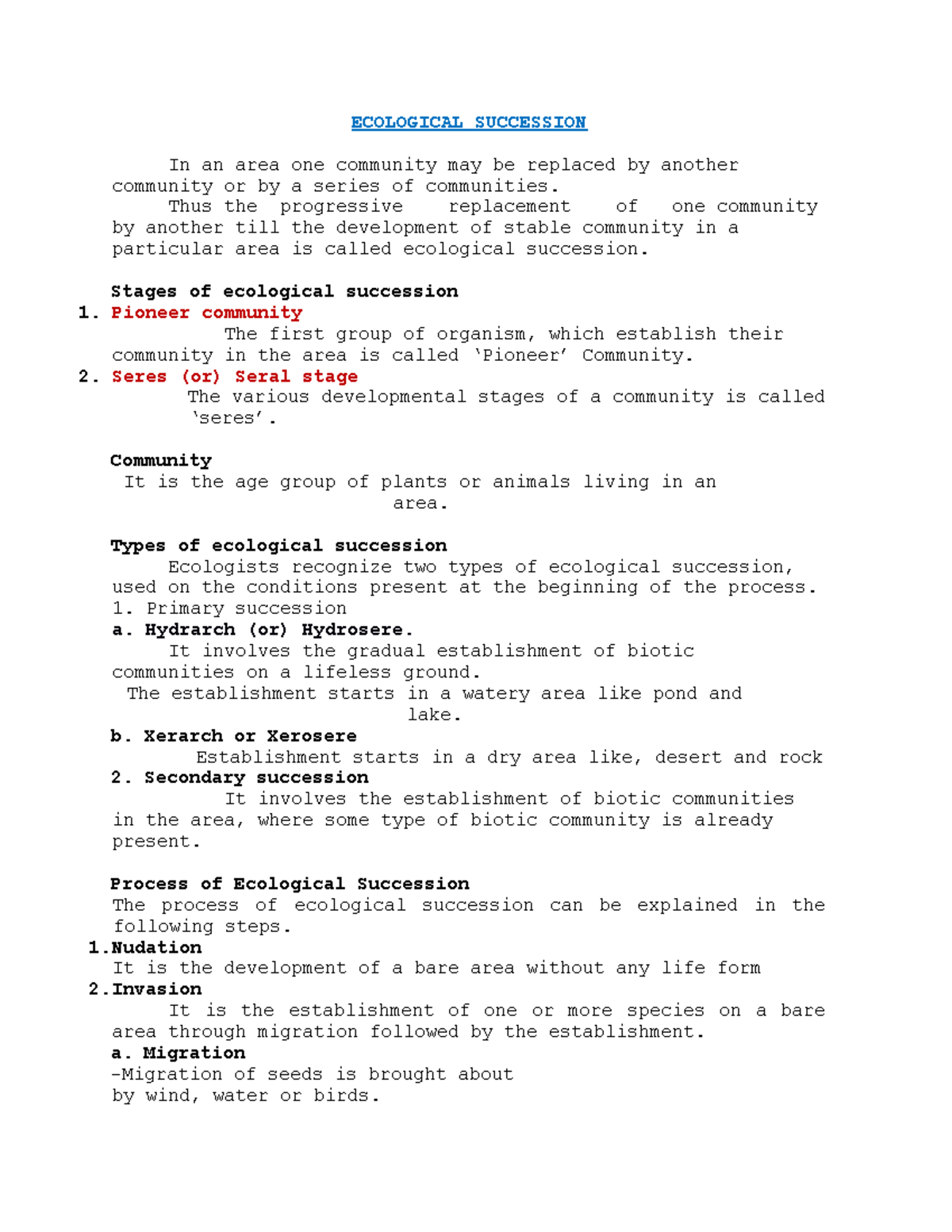 Ecological Succession - ECOLOGICAL SUCCESSION In an area one community ...