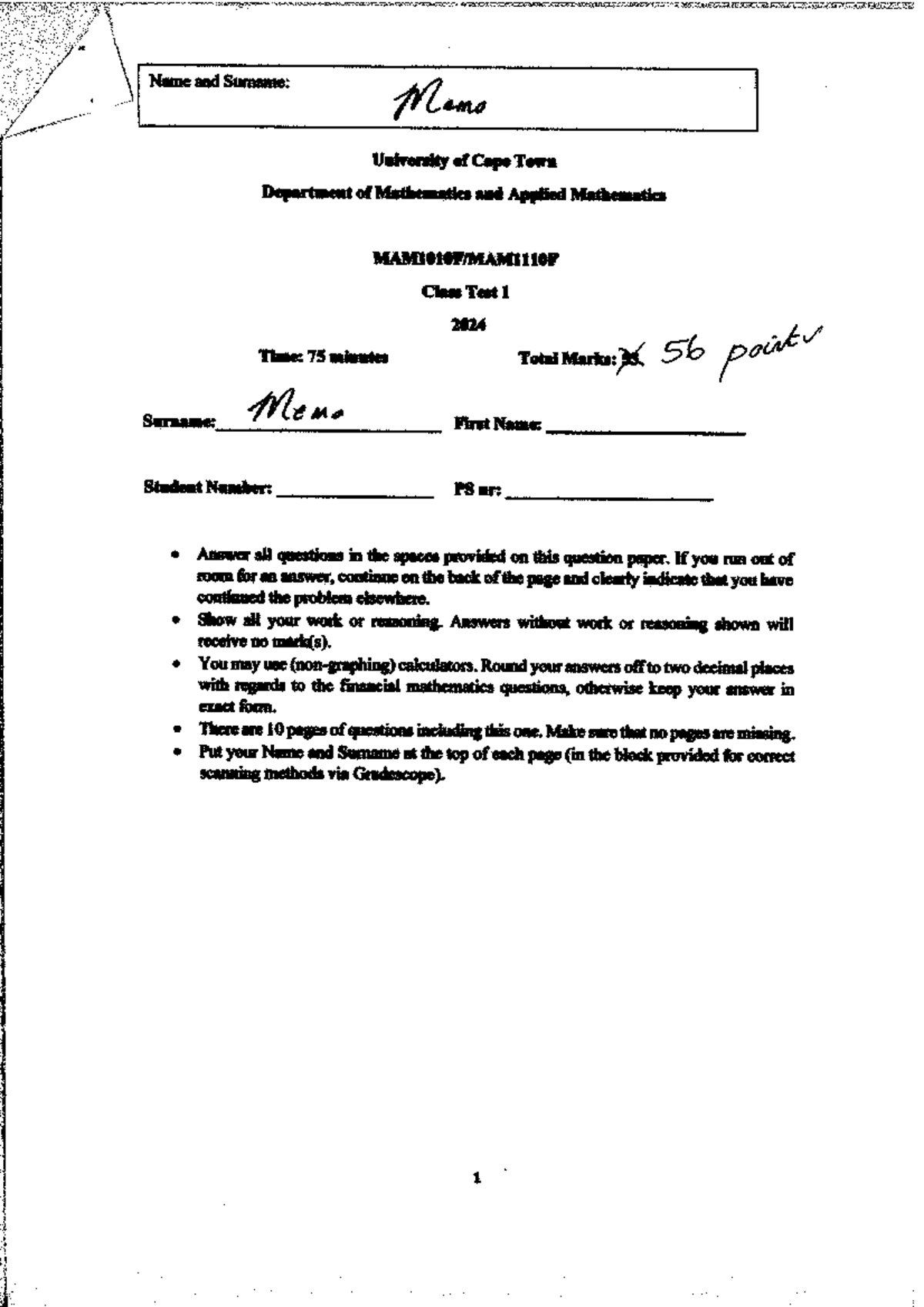 Class Test 1 2024 Memo - 2024 Final Past paper - Name and Surname: Memo ...