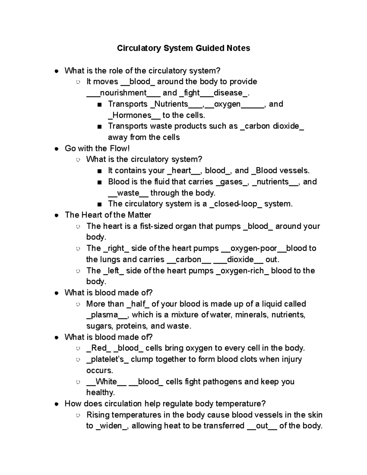 Circulatory System Guided Notes - Transports Nutrients_,oxygen___, and ...