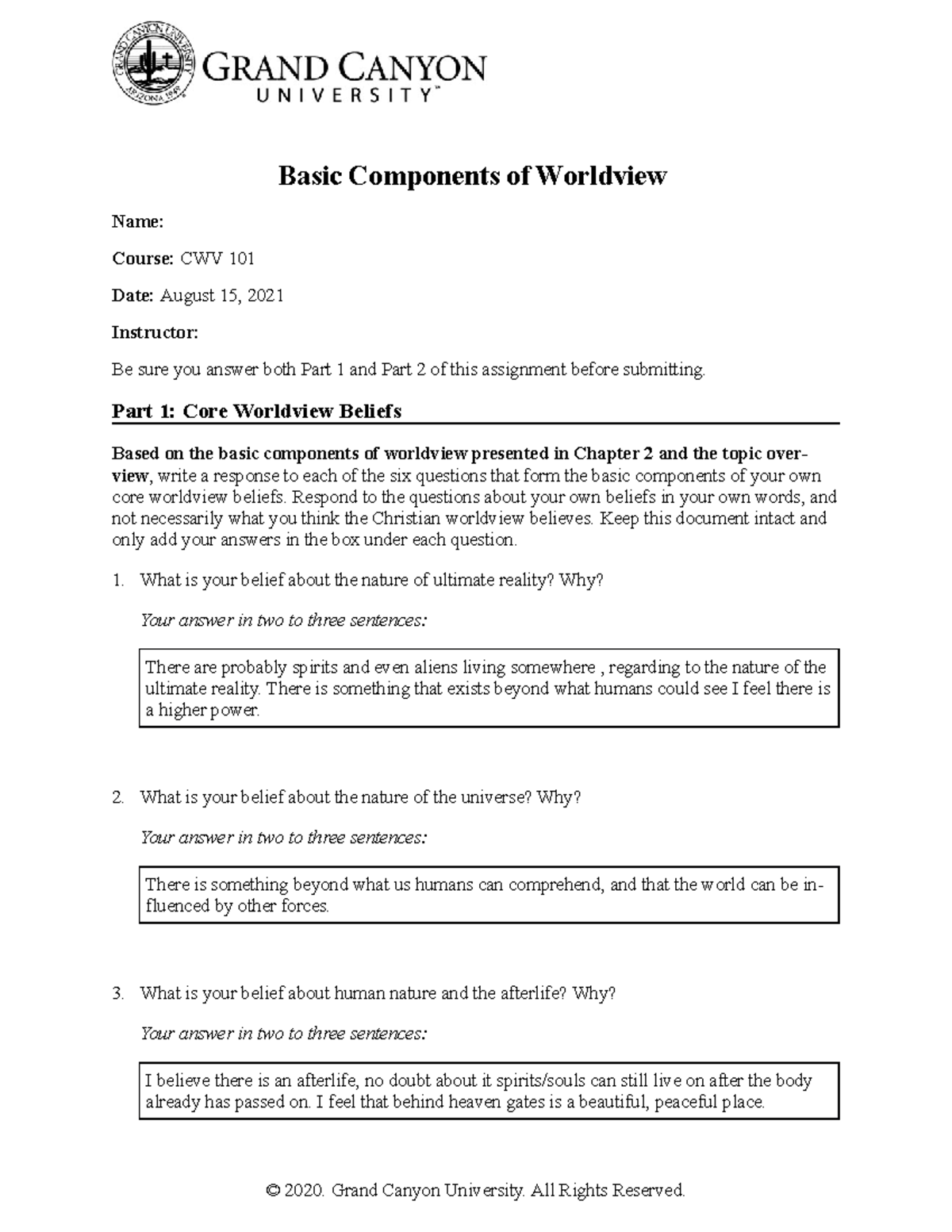 Basic Components Of Worldview - CWV 101 - GCU - Studocu