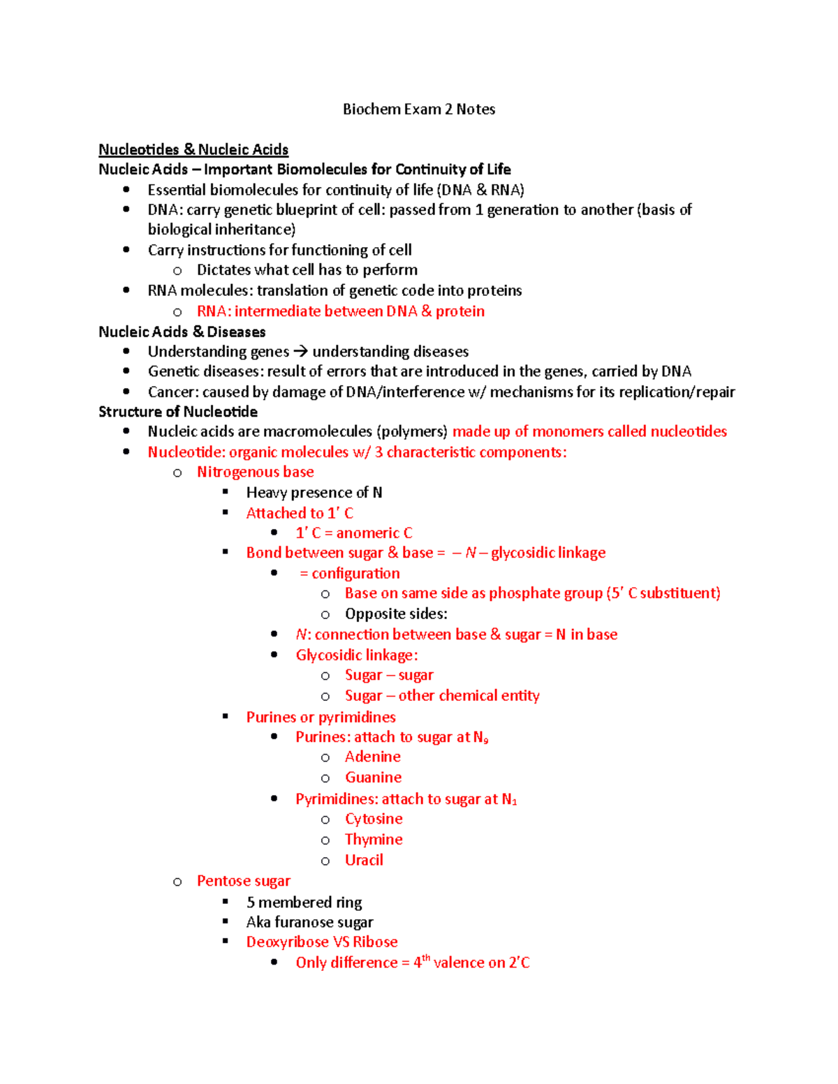 Biochem Exam 2 Notes - Biochem Exam 2 Notes Nucleotides & Nucleic Acids ...