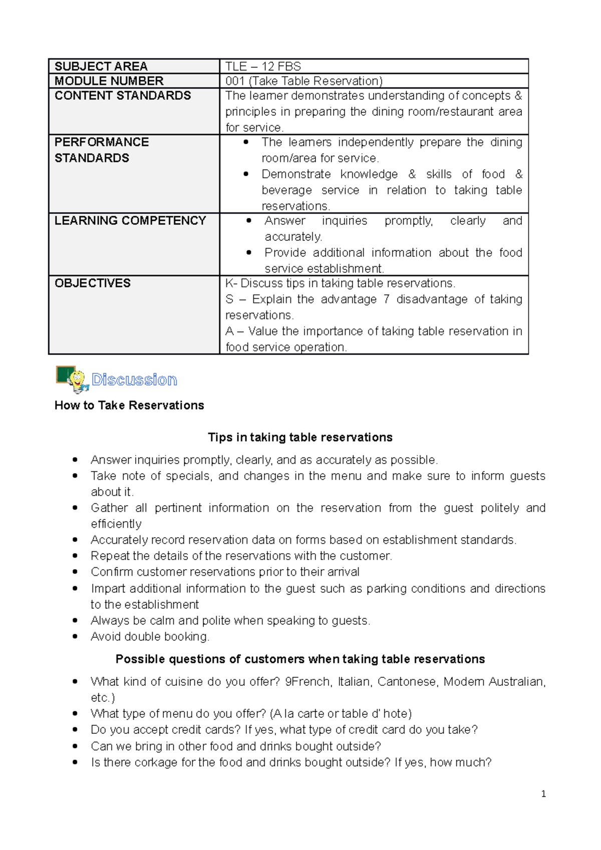 LAS- FBS 12 Q1 week 1 - Learners Activity sheets - SUBJECT AREA TLE ...