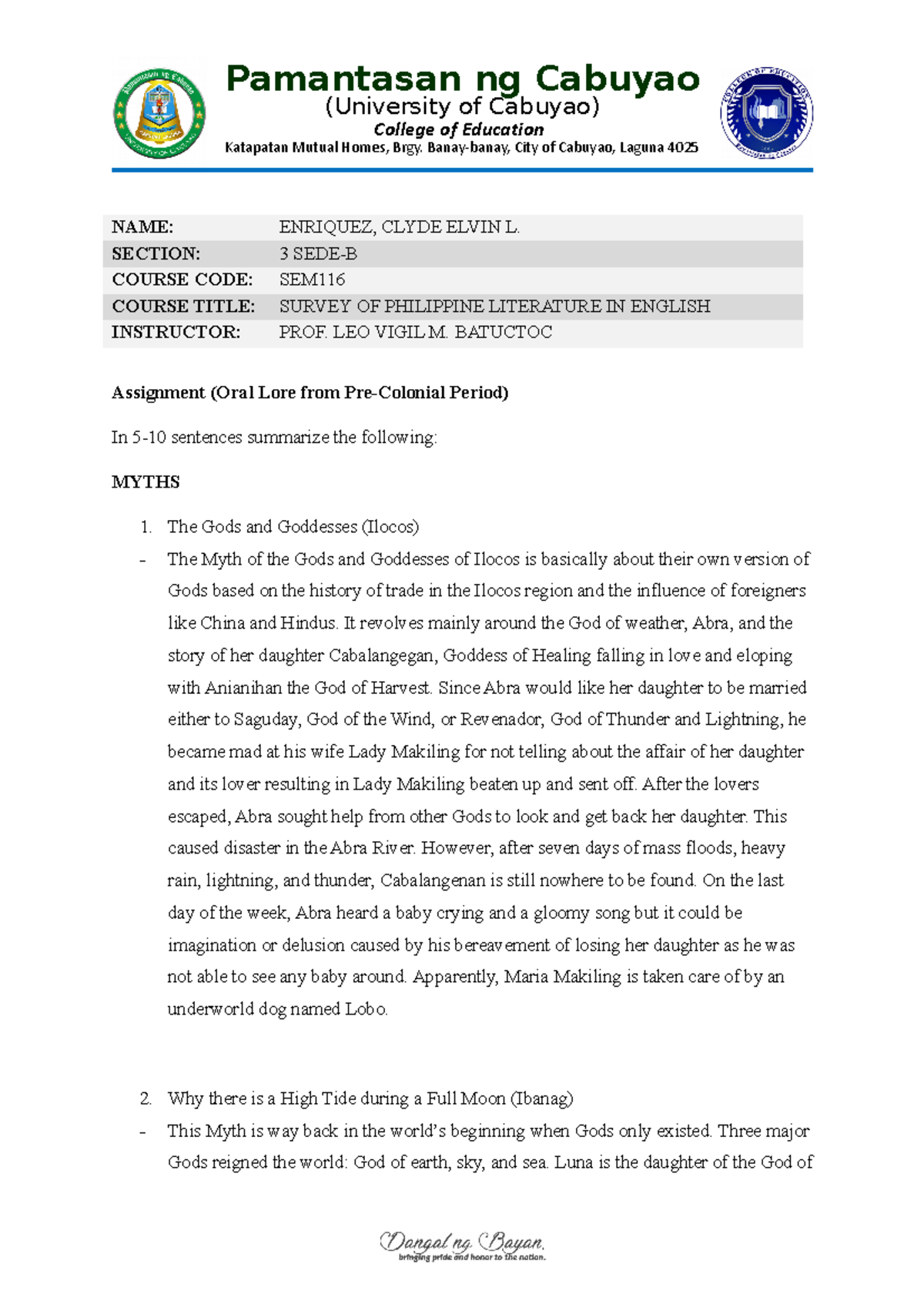 (Oral Lore from Pre-Colonial Period) - (University of Cabuyao) College ...