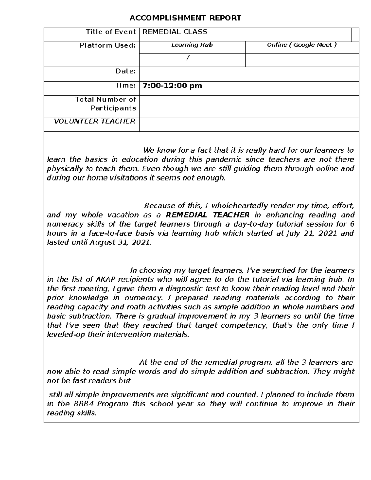 Remedial Teacher Accomplisment - ACCOMPLISHMENT REPORT Title of Event ...