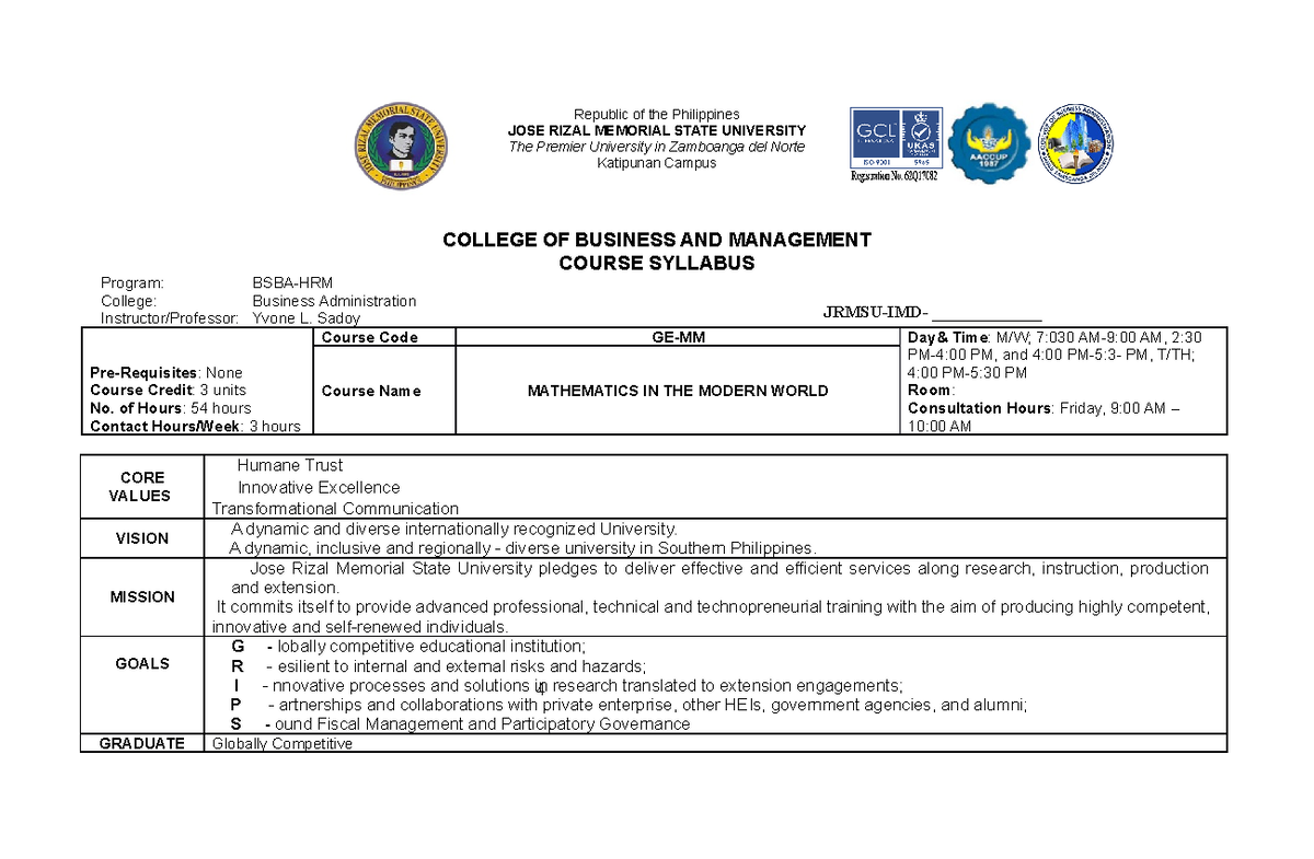 GE-MM - Syllabus - COLLEGE OF BUSINESS AND MANAGEMENT COURSE SYLLABUS ...