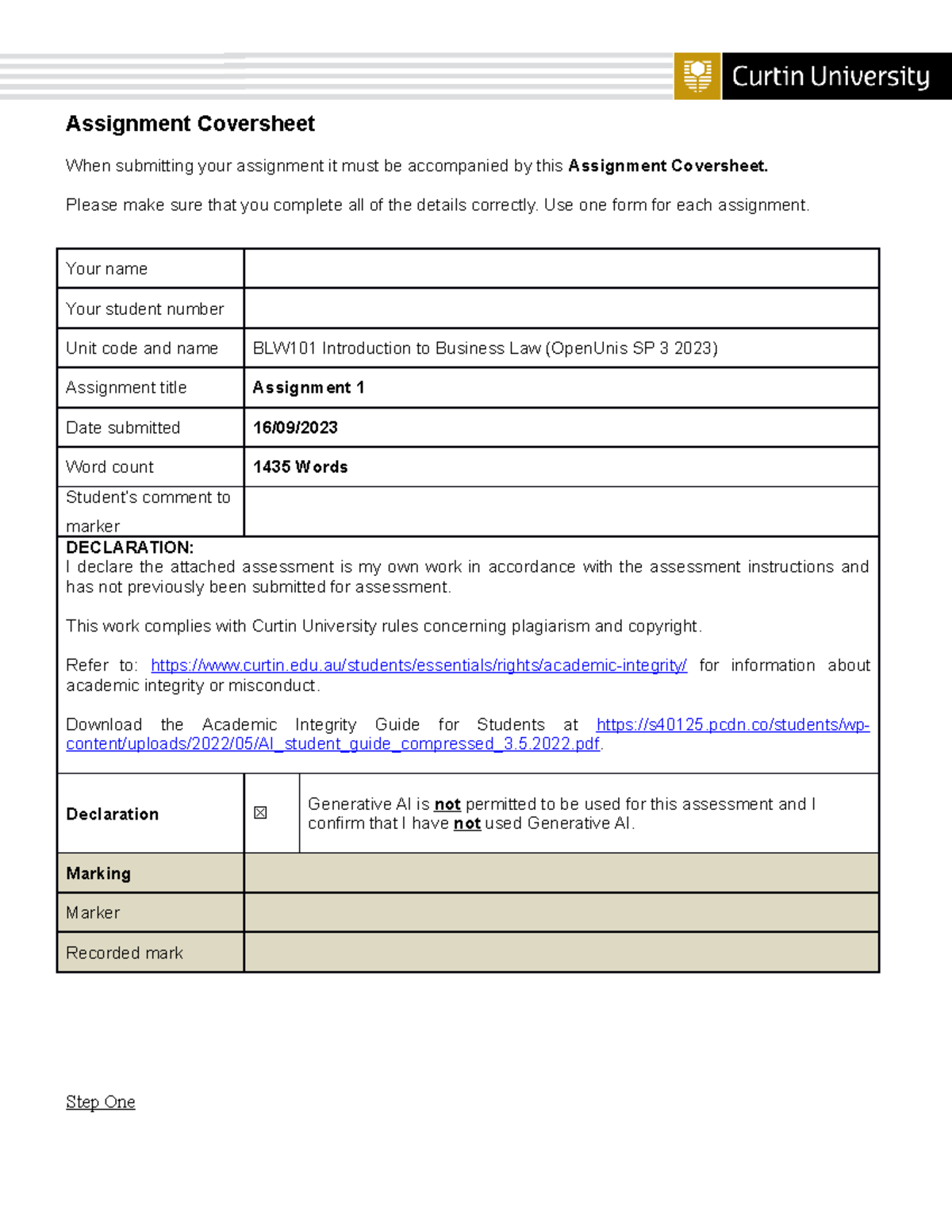 BLW101 Intro to Business Law - Assignment Coversheet When submitting ...