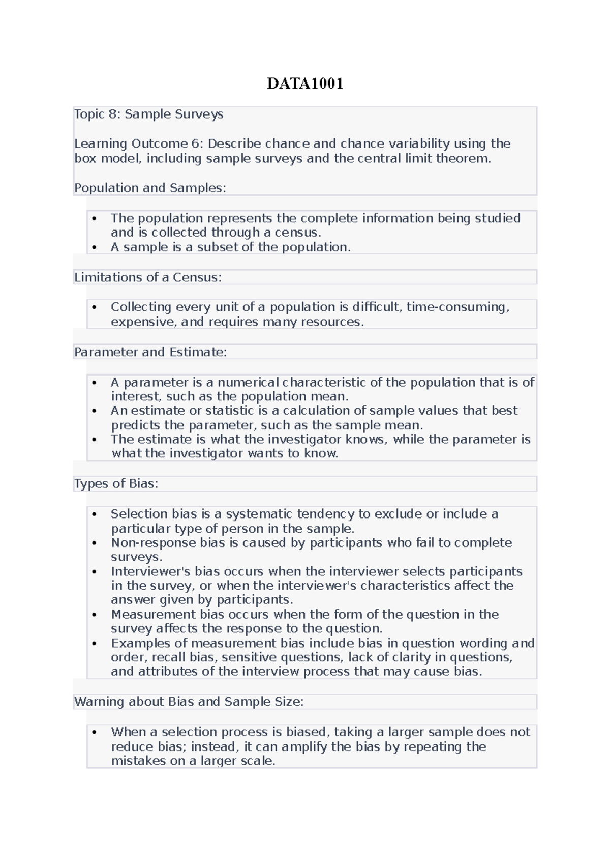 DATA1001 Topic 8 notes - DATA Topic 8: Sample Surveys Learning Outcome ...