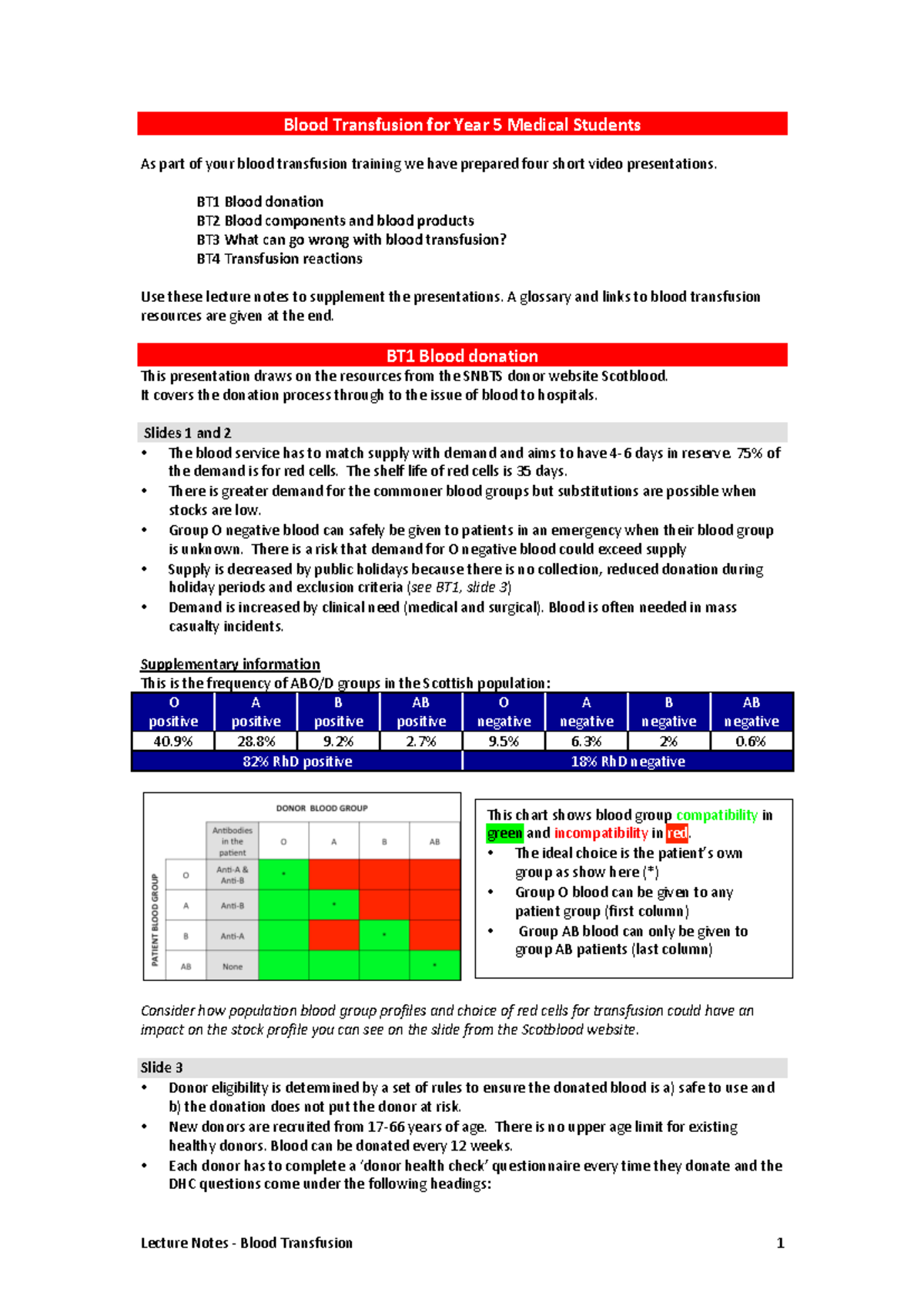 Blood transfusion lecture notes - Blood Transfusion for Year 5 Medical ...