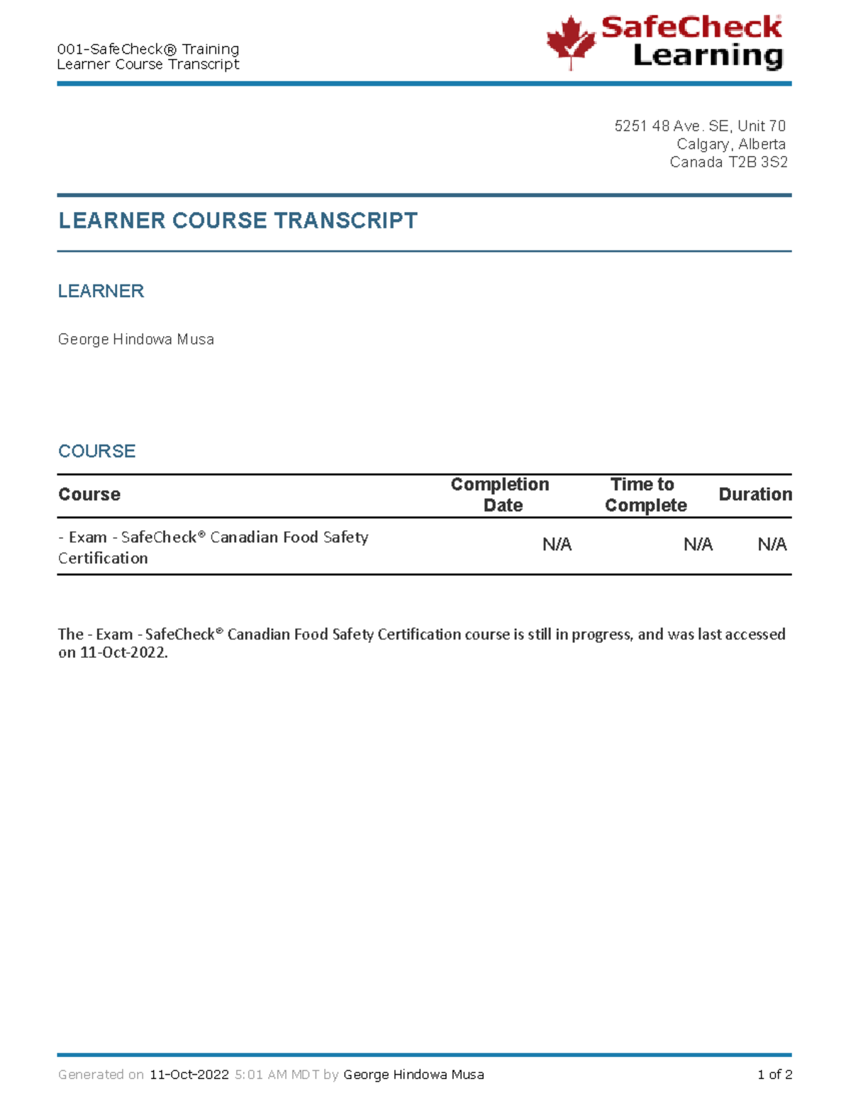 Exam Safe Check Canadian Food Safety Certification-George Hindowa Musa ...