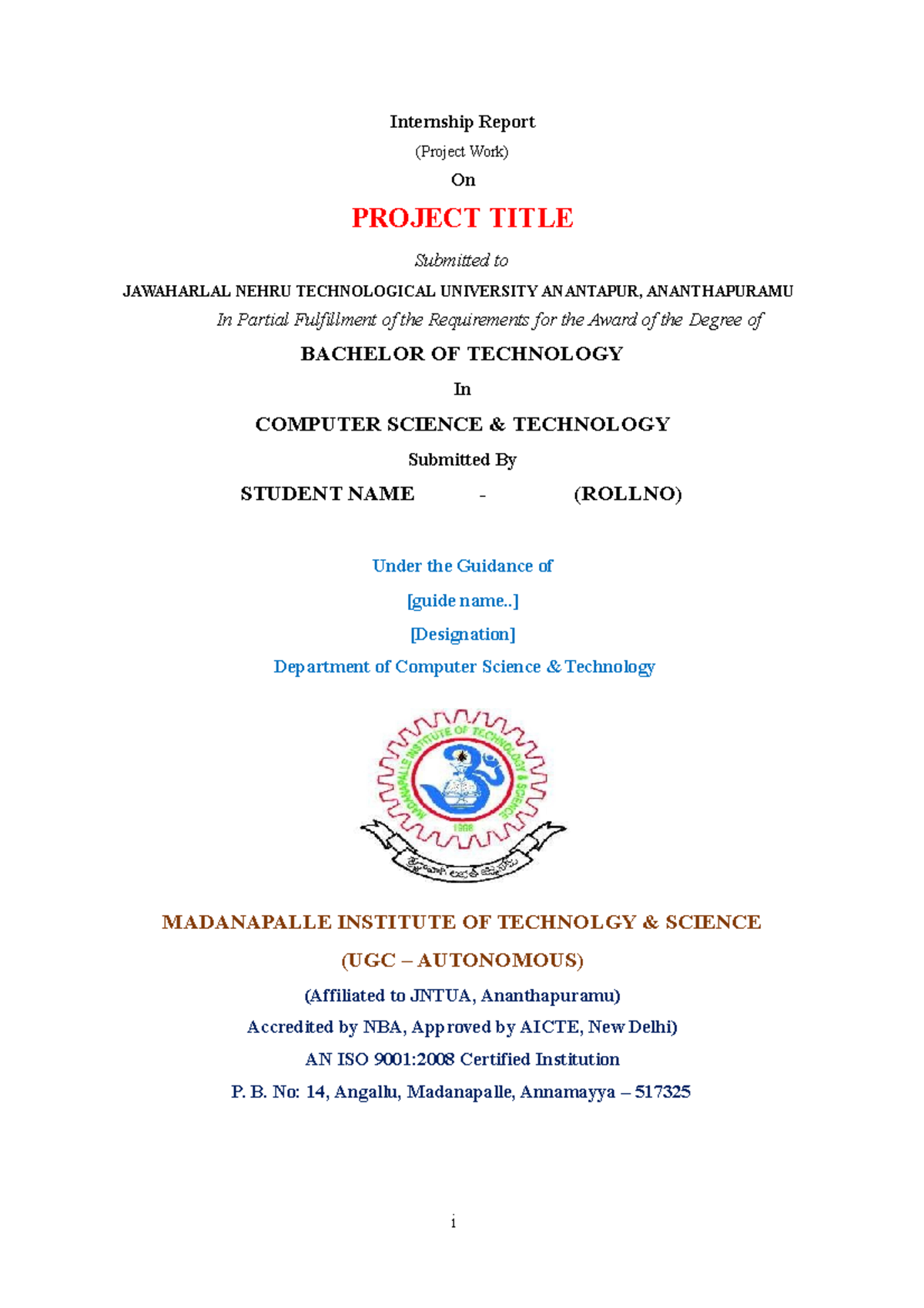 Frontpageformat-Review 2 - i Internship Report (Project Work) On ...