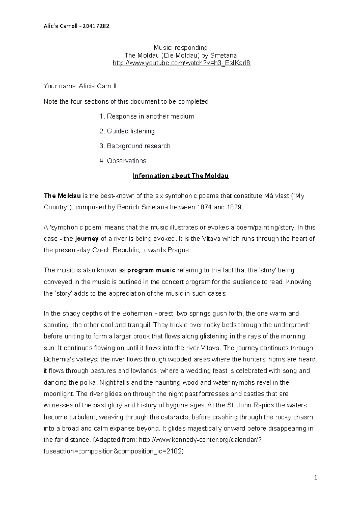 A2 - Component 2 - Music: responding The Moldau (Die Moldau) by Smetana ...