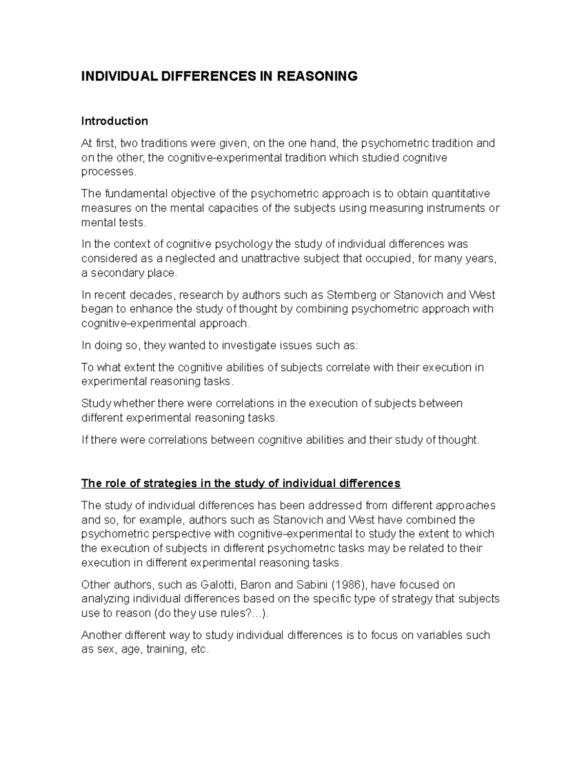 Individual Differences IN Reasoning - INDIVIDUAL DIFFERENCES IN ...