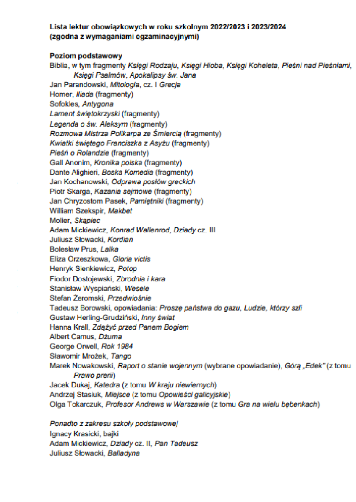 Język polski - spis lektur obowiązujących na maturze - Lista lektur obowiazkowych w roku ...