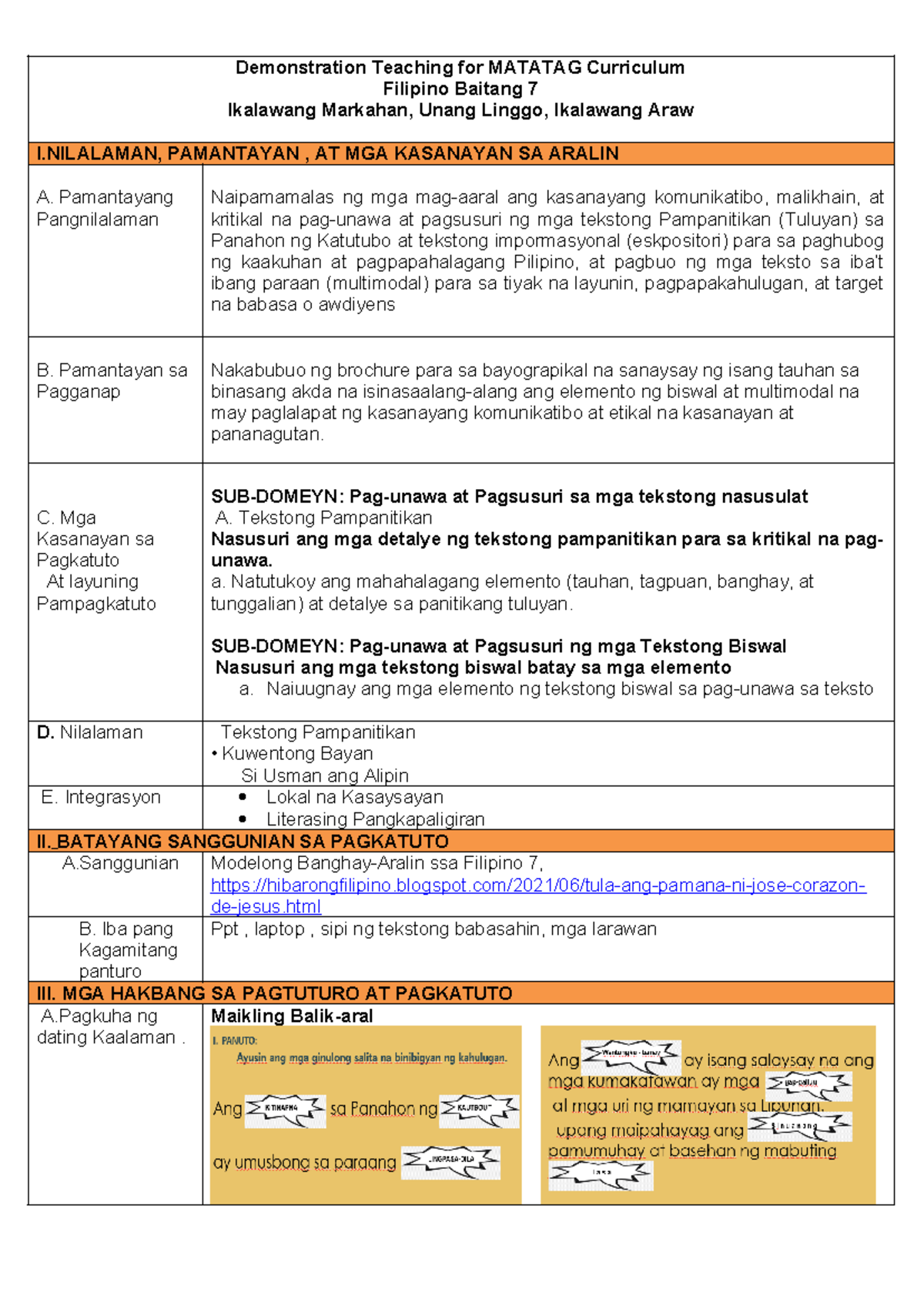 Matatag-DEMO-DLP - DLP - Demonstration Teaching for MATATAG Curriculum Filipino Baitang 7 ...