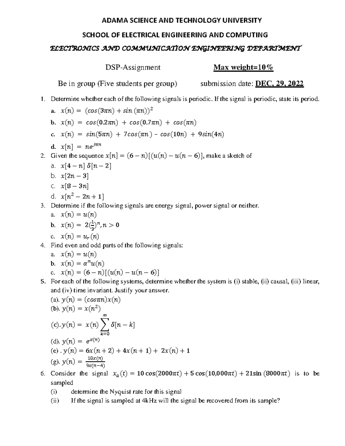Assignment#1 - Assignment on discrete time signals and systems - ADAMA SCIENCE AND TECHNOLOGY ...